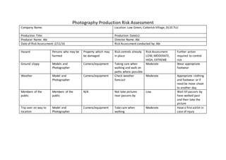 Photography production risk assessment | DOCX
