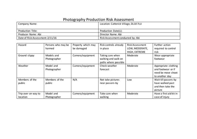 Film production risk assessment[130] | DOCX | First Aid | Injuries