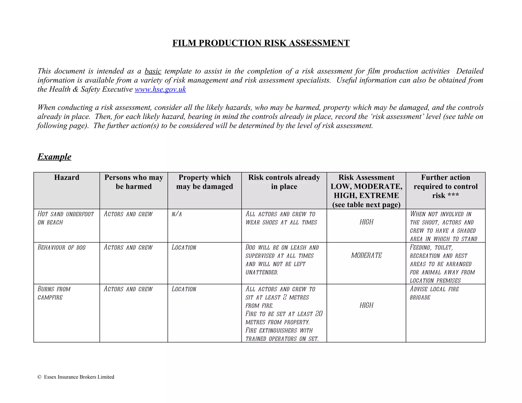 Film production risk assessment form | PPT