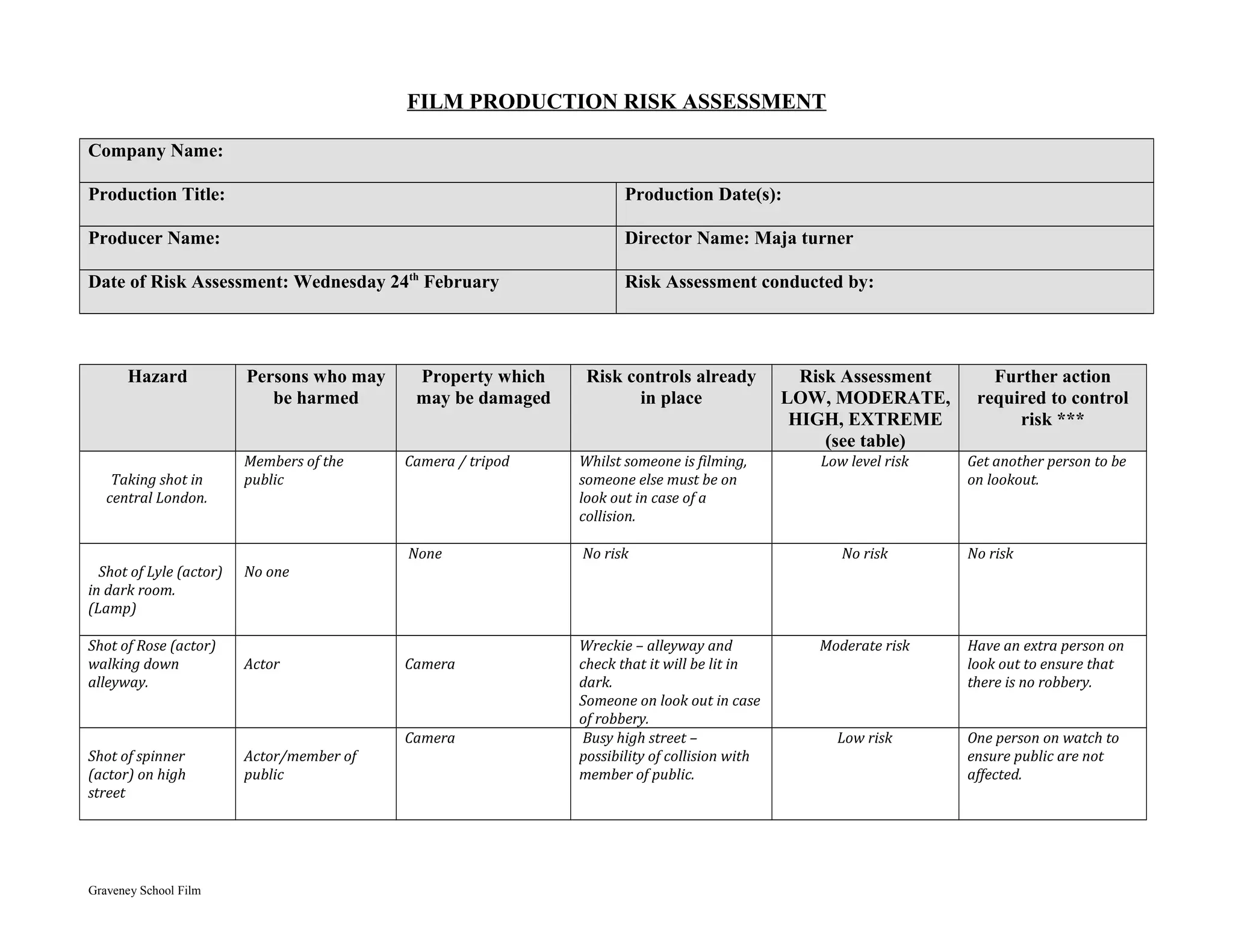 Film production risk assessment form | DOC