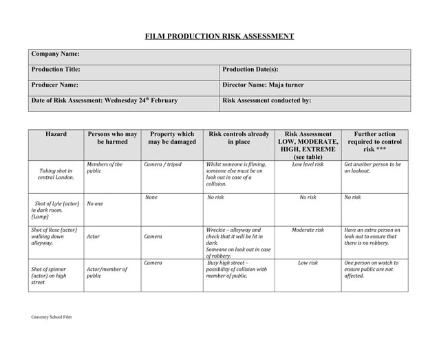 Film production risk assessment form | DOC | Hobbies & Interests