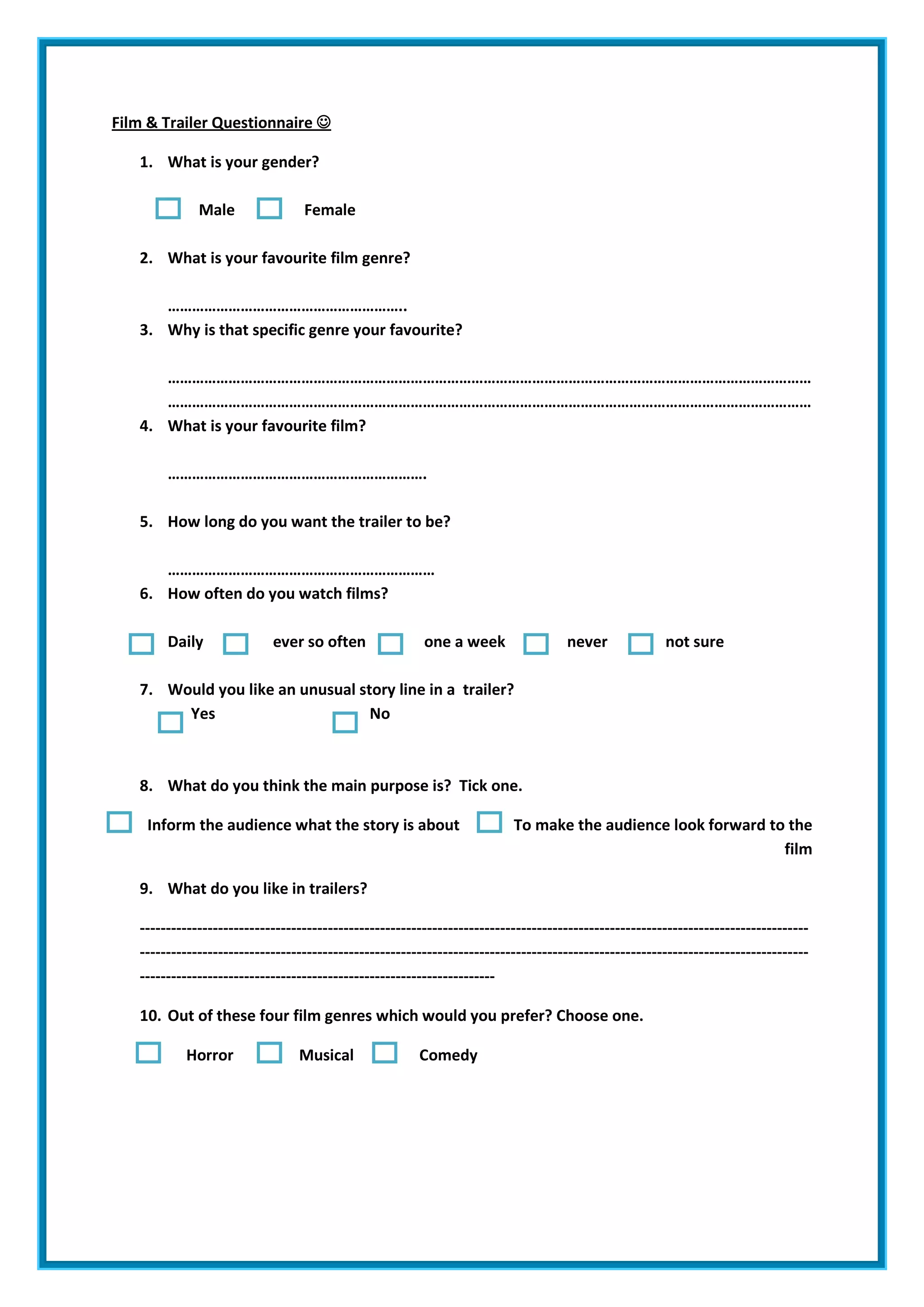 Film questionnaire | DOCX | Movies | Entertainment