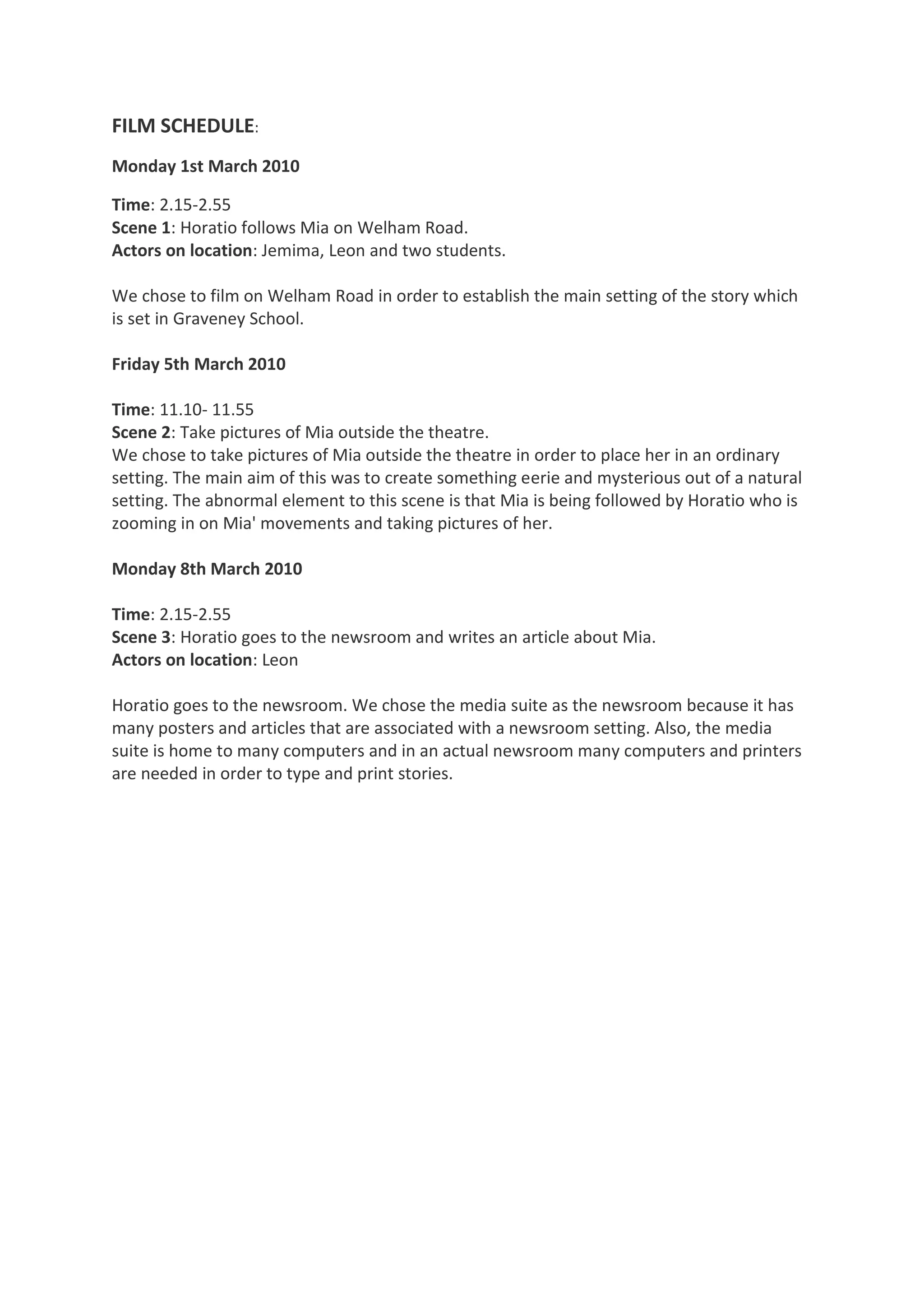Film Schedule For Our Film | DOCX