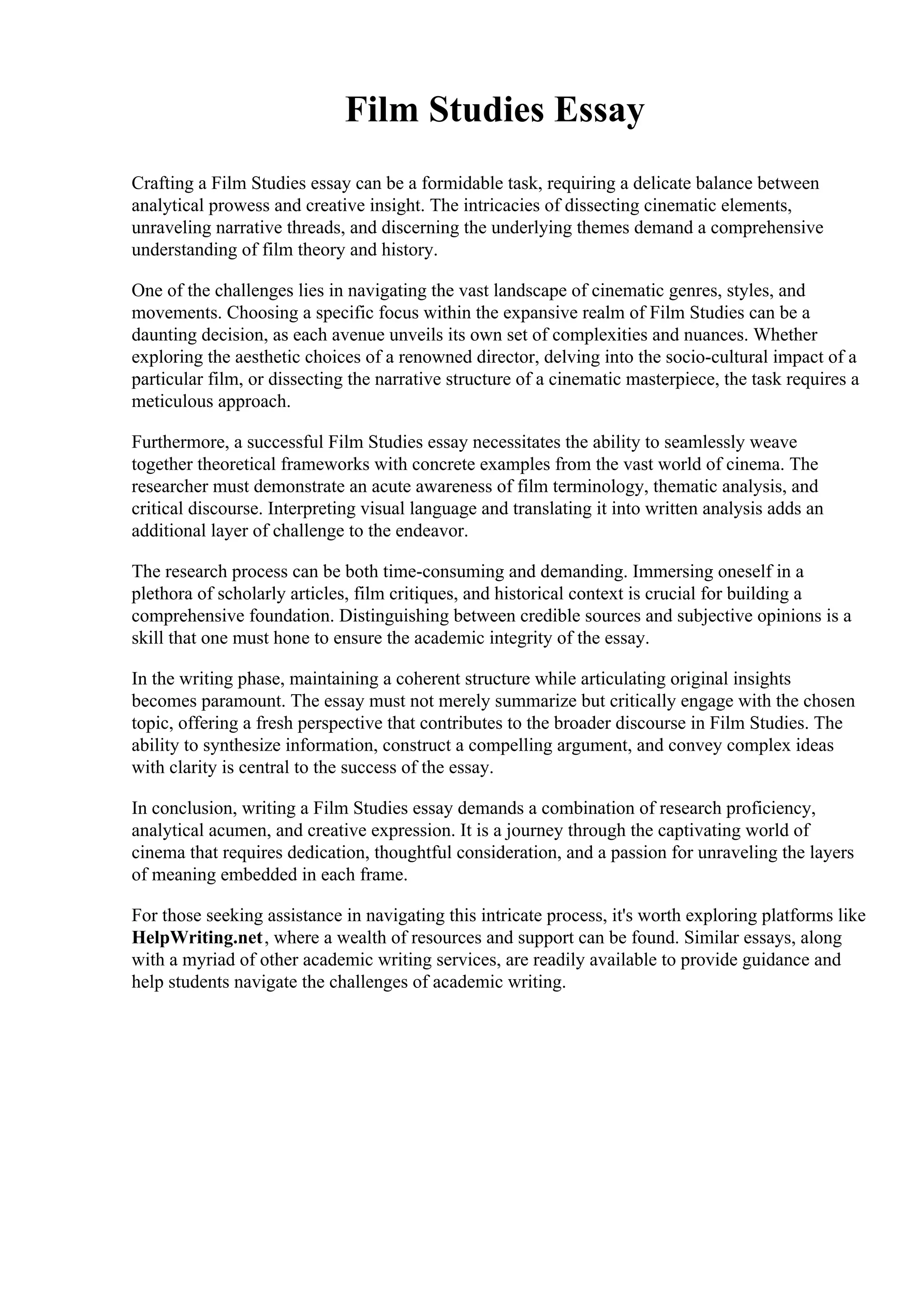 Film Studies Essay. Patrick Henry Community College | PDF