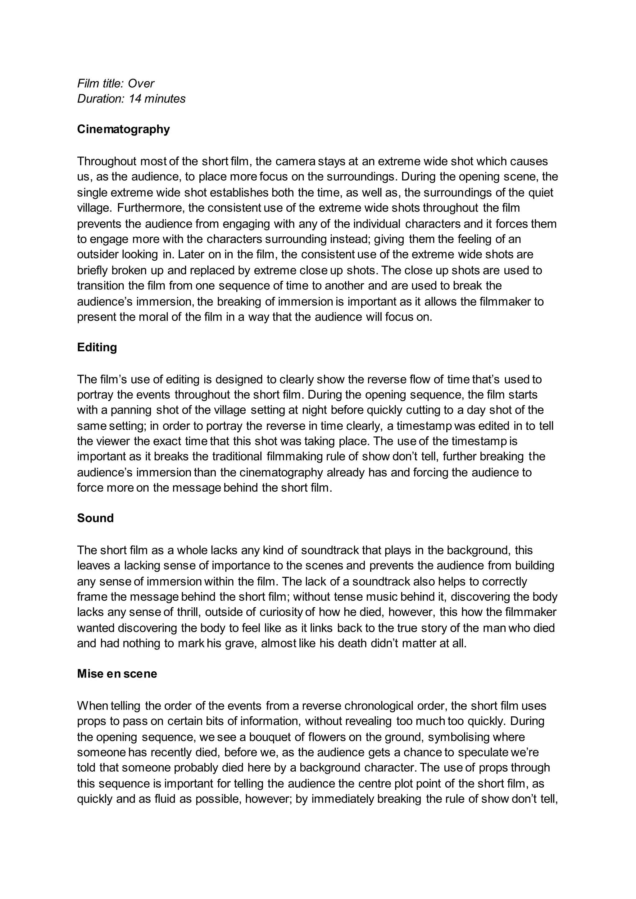 Short Film Analysis - Over | DOCX