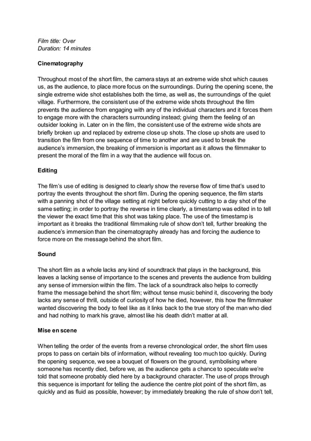 Short Film Analysis - Over | DOCX | Video Production | Content Production