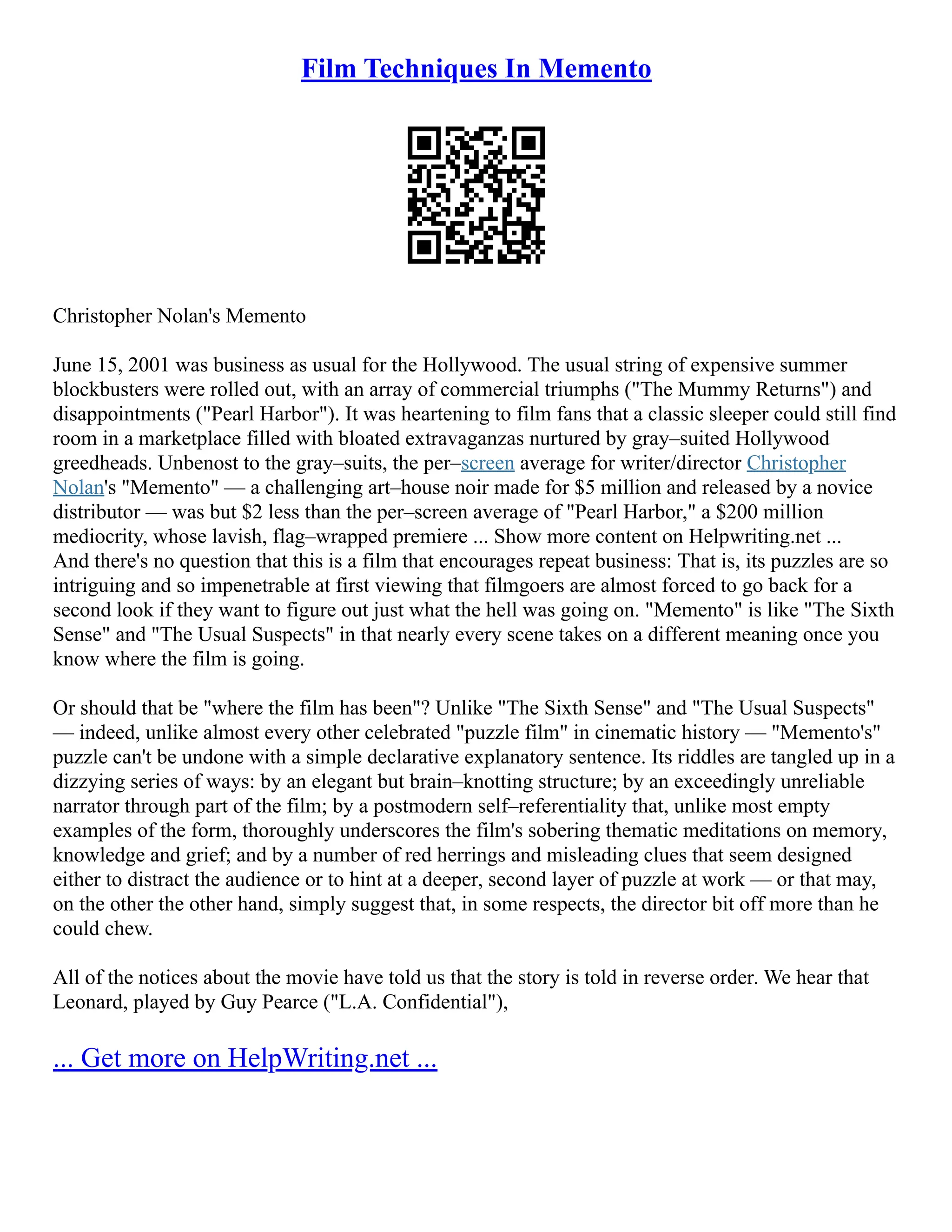 Film Techniques In Memento | PDF