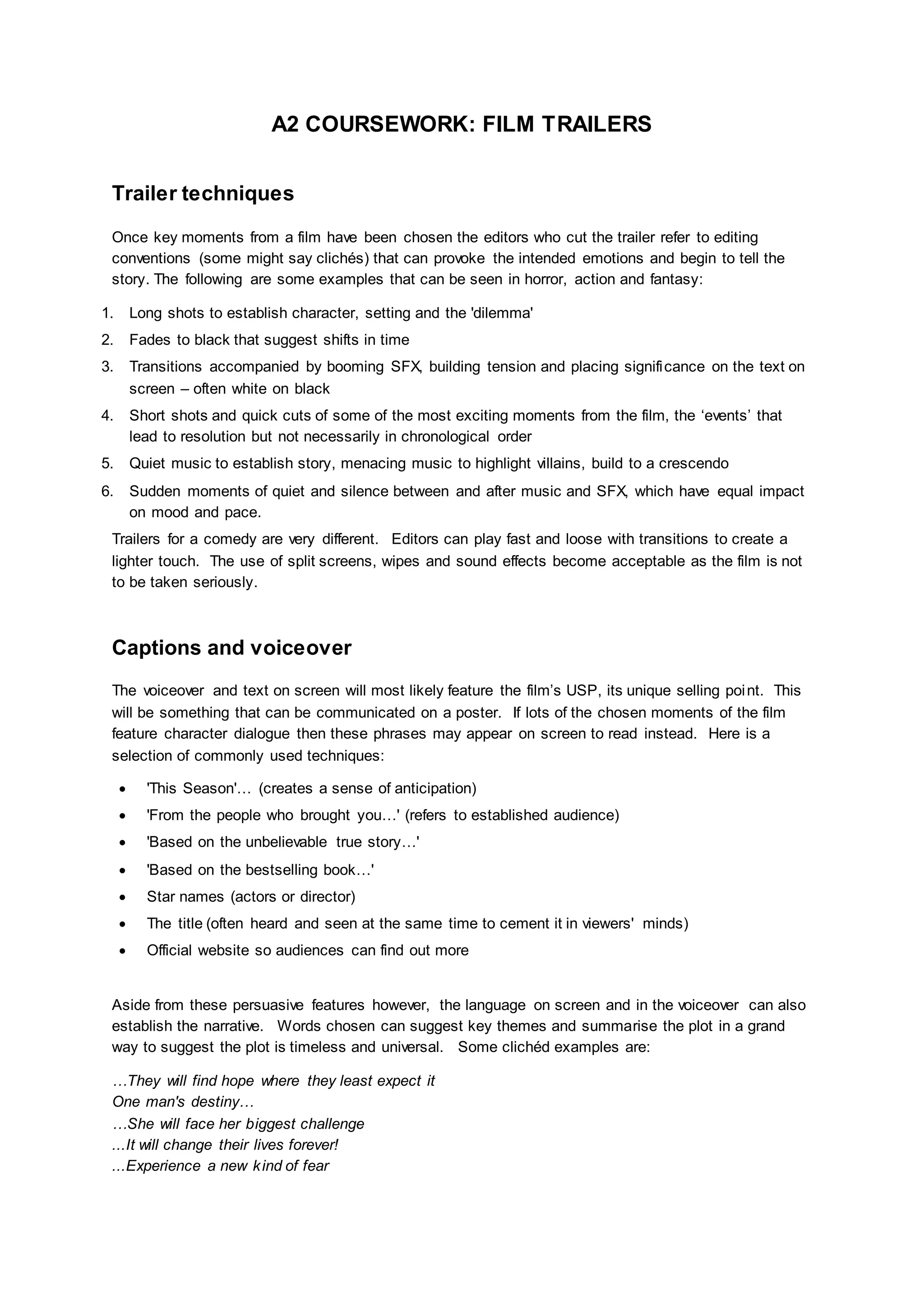 Film trailers techniques and captions | DOCX