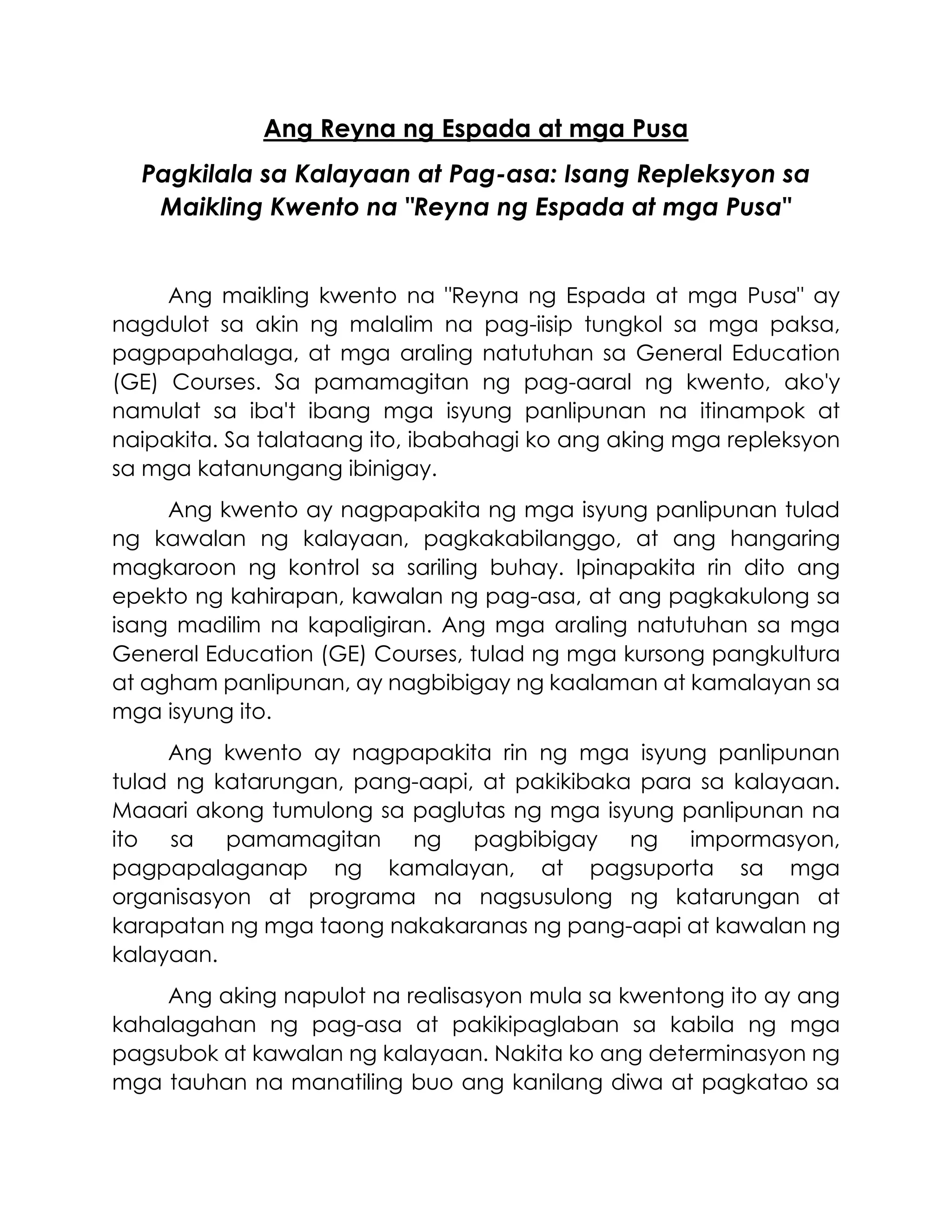 Repleksyon sa kwentong: Sa Pagitan ng Sabaw ng Chaolong at Hilab ng ...