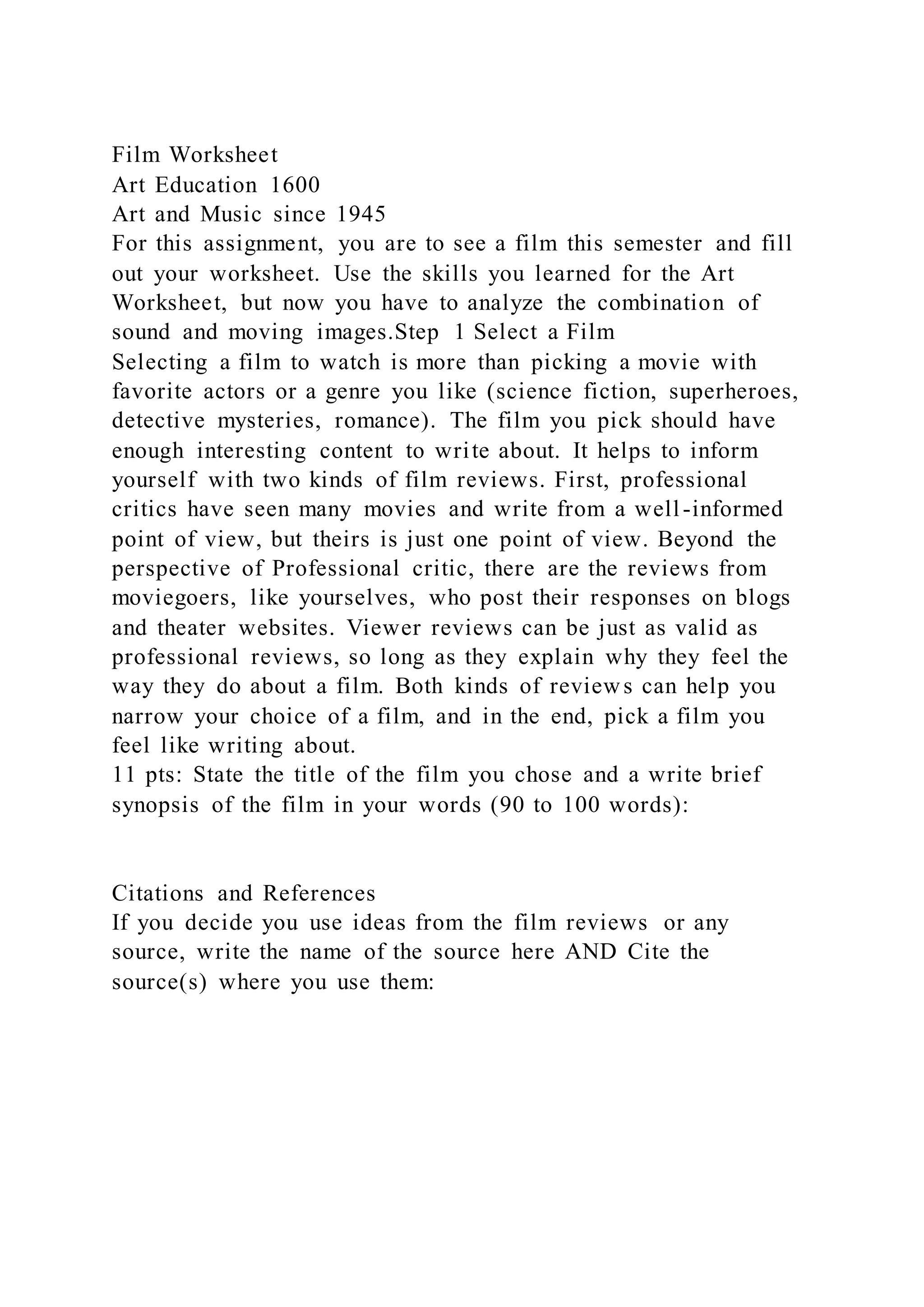 Film WorksheetArt Education 1600 Art and Music since 1945For t | DOCX