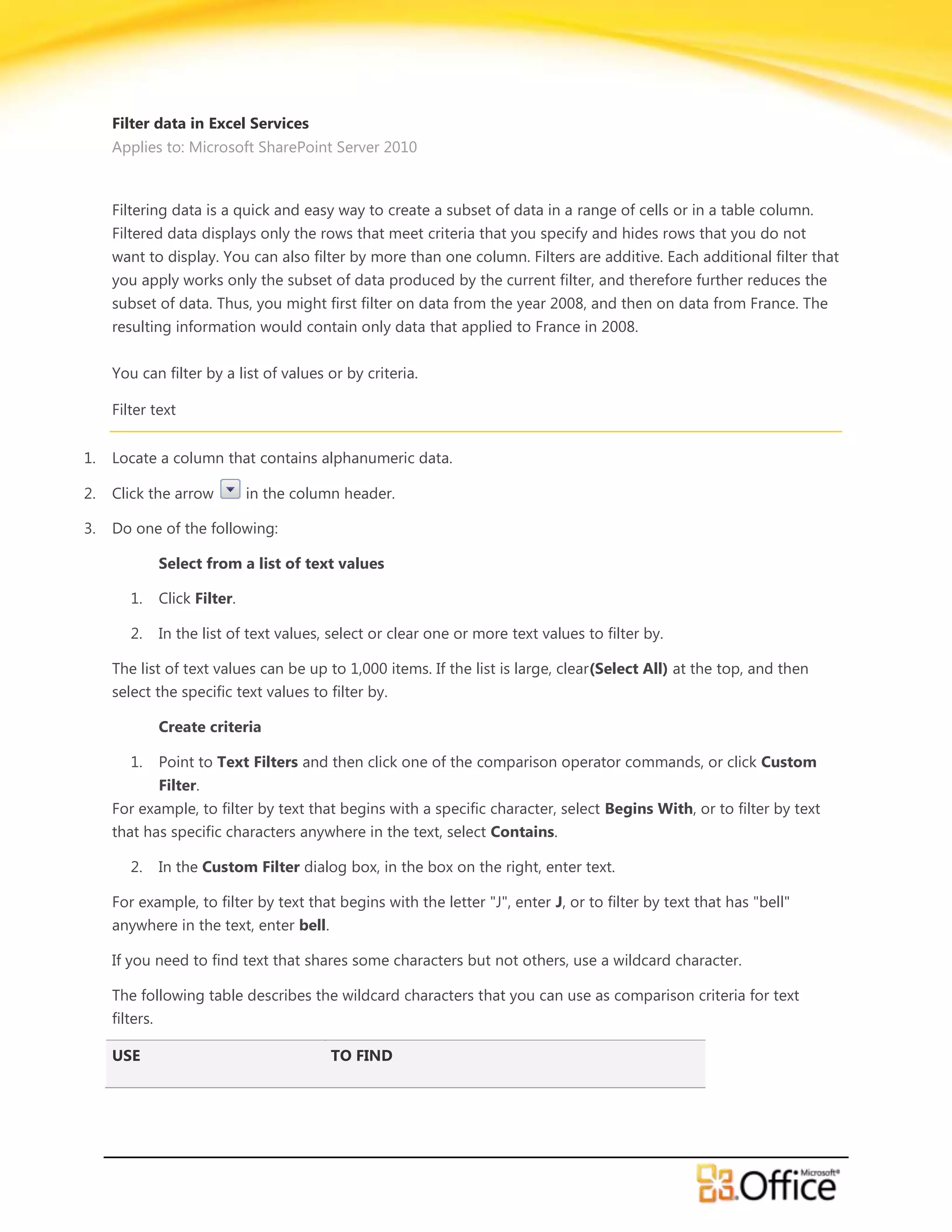 Filter Data in Excel Services SharePoint 2010 - EPC Group | DOCX