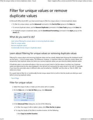 Filter for unique values or remove duplicate values excel | PDF ...