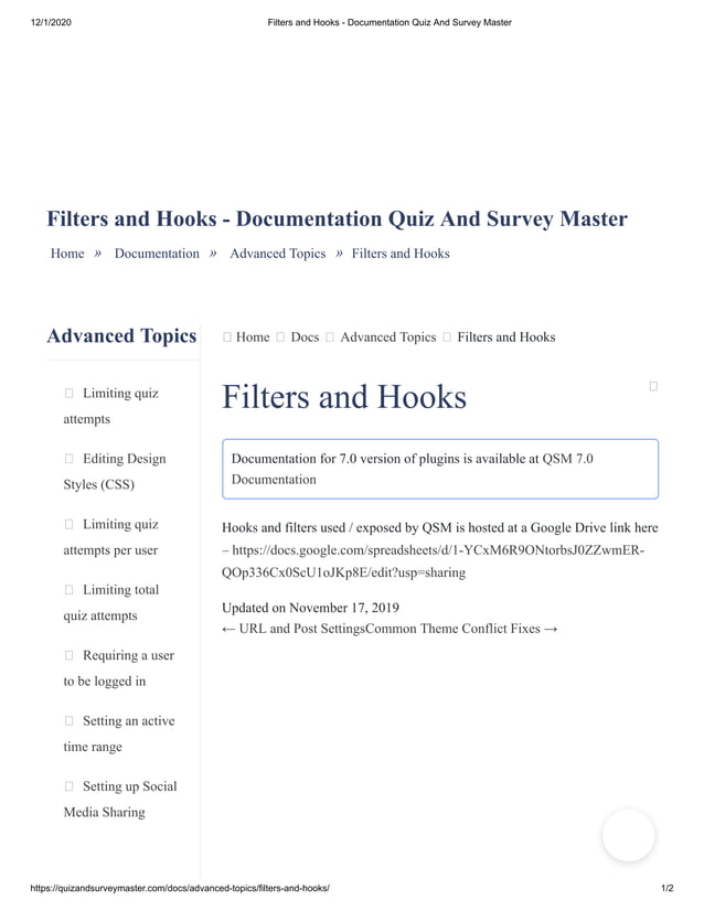 Filters and hooks documentation quiz and survey master | PDF