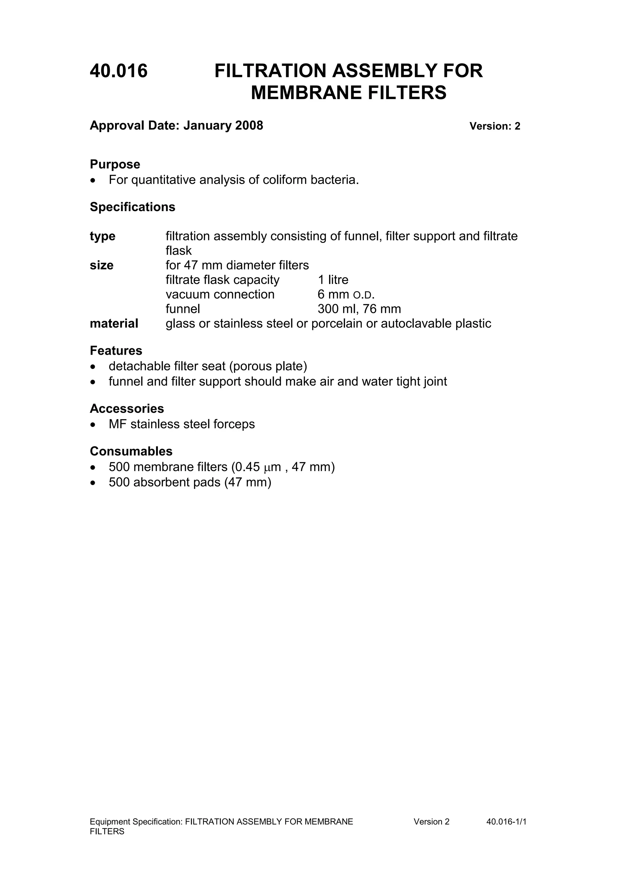 Filtration assembly for membrane filters | DOC