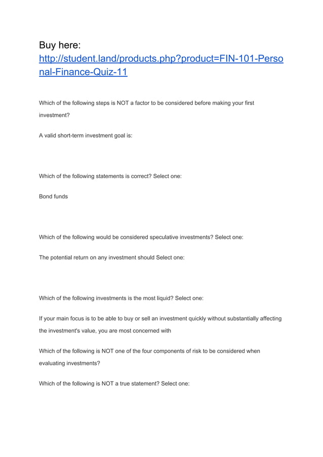 FIN 101 Personal Finance Quiz 11 | PDF