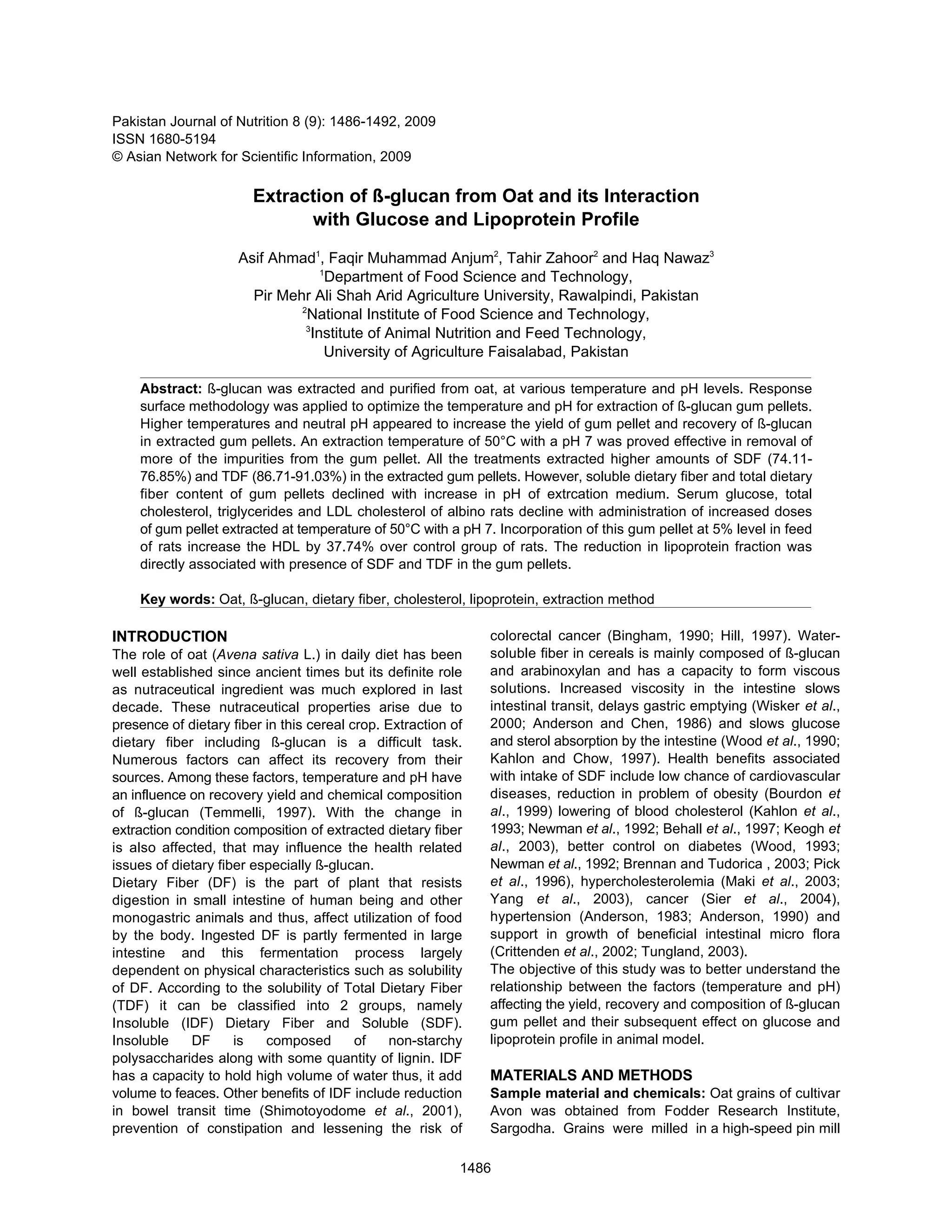 Extraction of beta glucan from oat and its lipoprotein profile | PDF | Chemistry | Science
