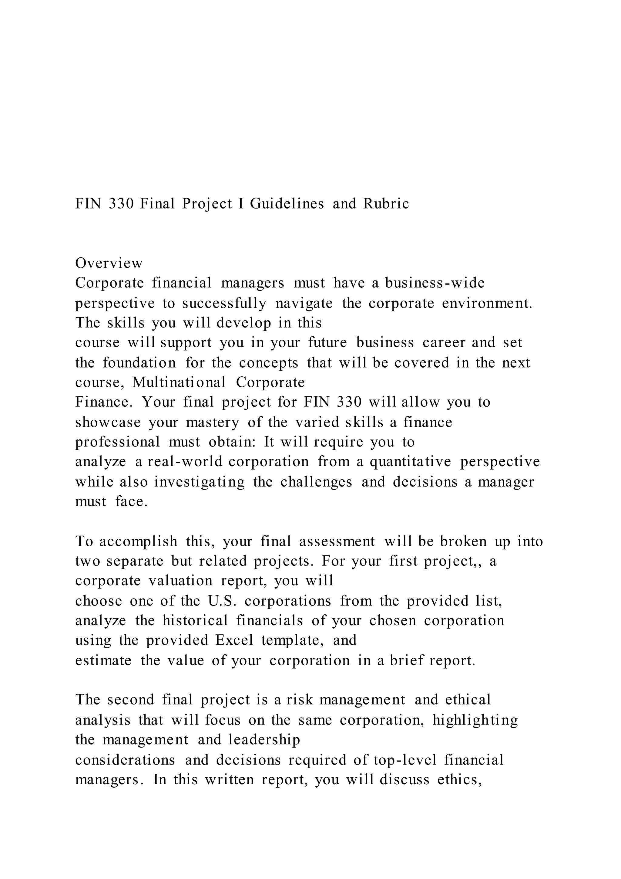 FIN 330 Final Project I Guidelines and Rubric Overv | DOCX