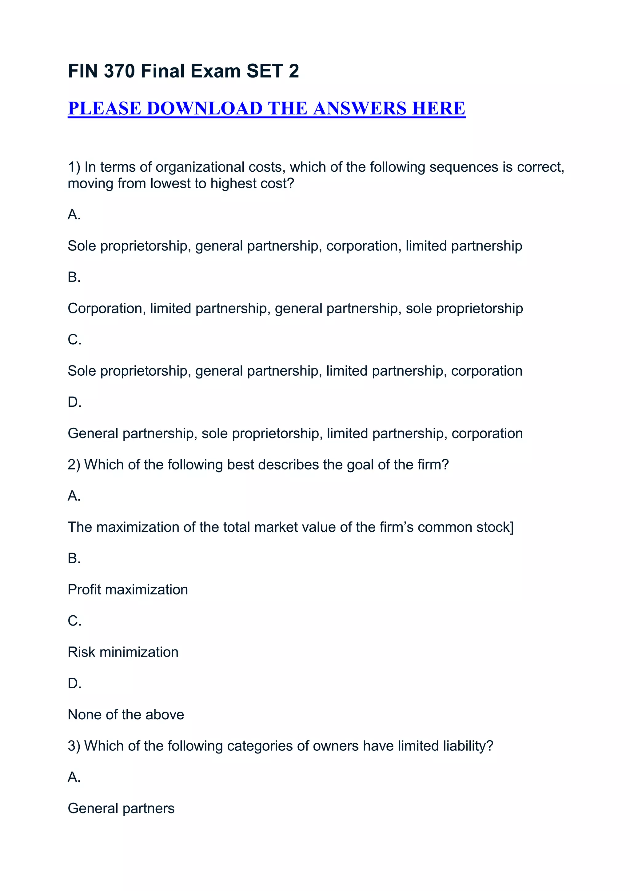 Fin 370 final exam set 2 | DOCX
