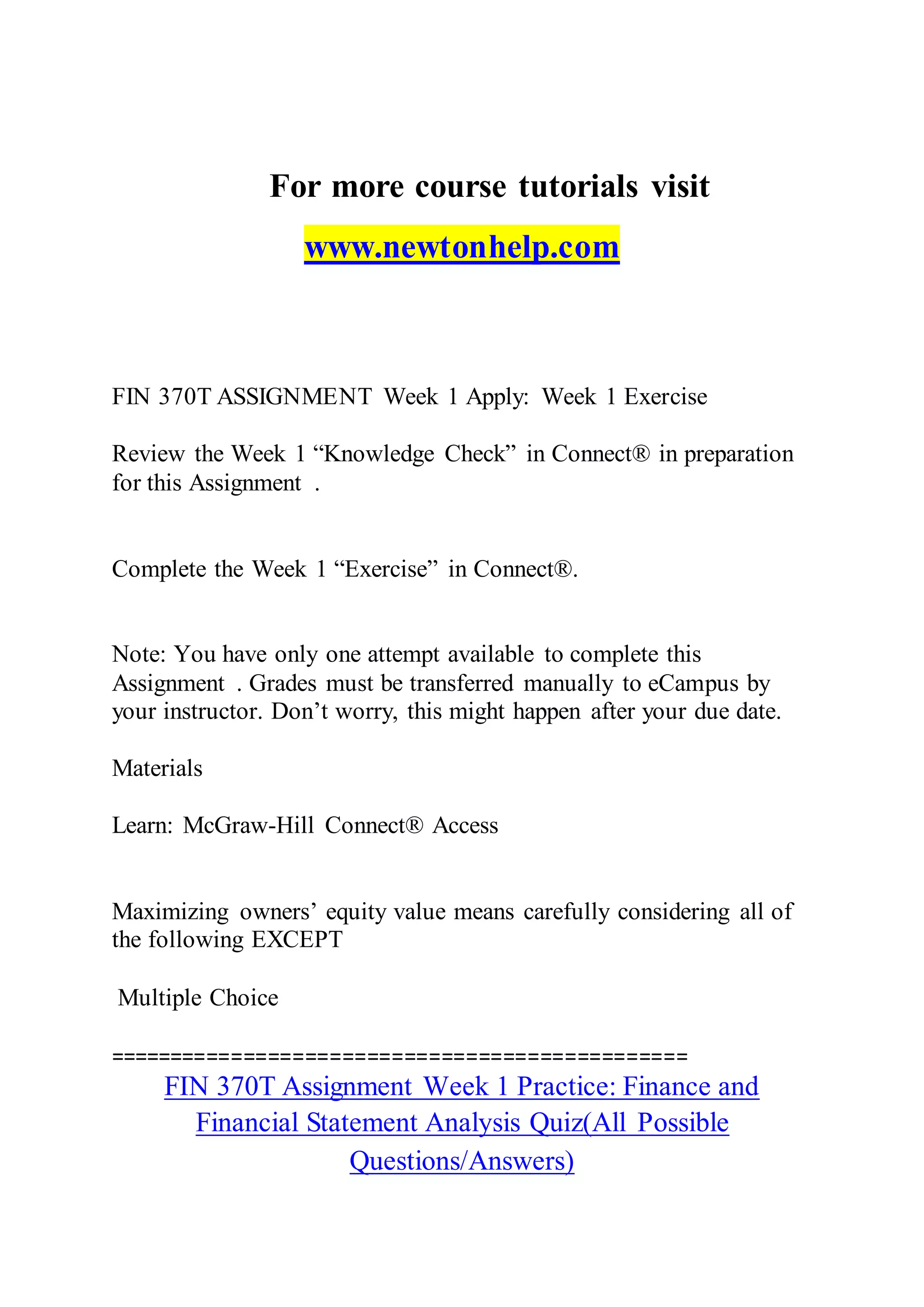 FIN 370T Perfect Education/newtonhelp.com