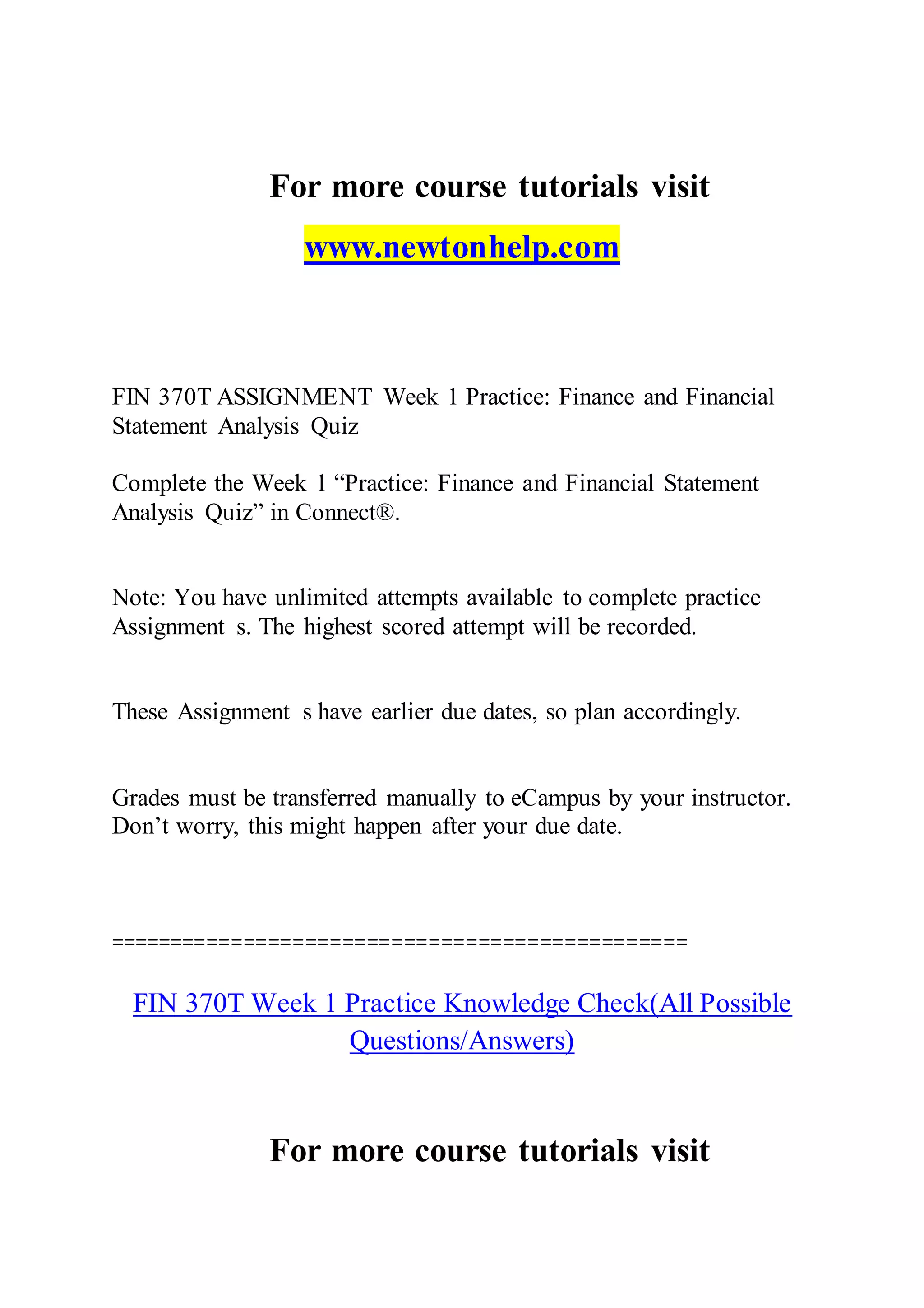 FIN 370T Perfect Education/newtonhelp.com