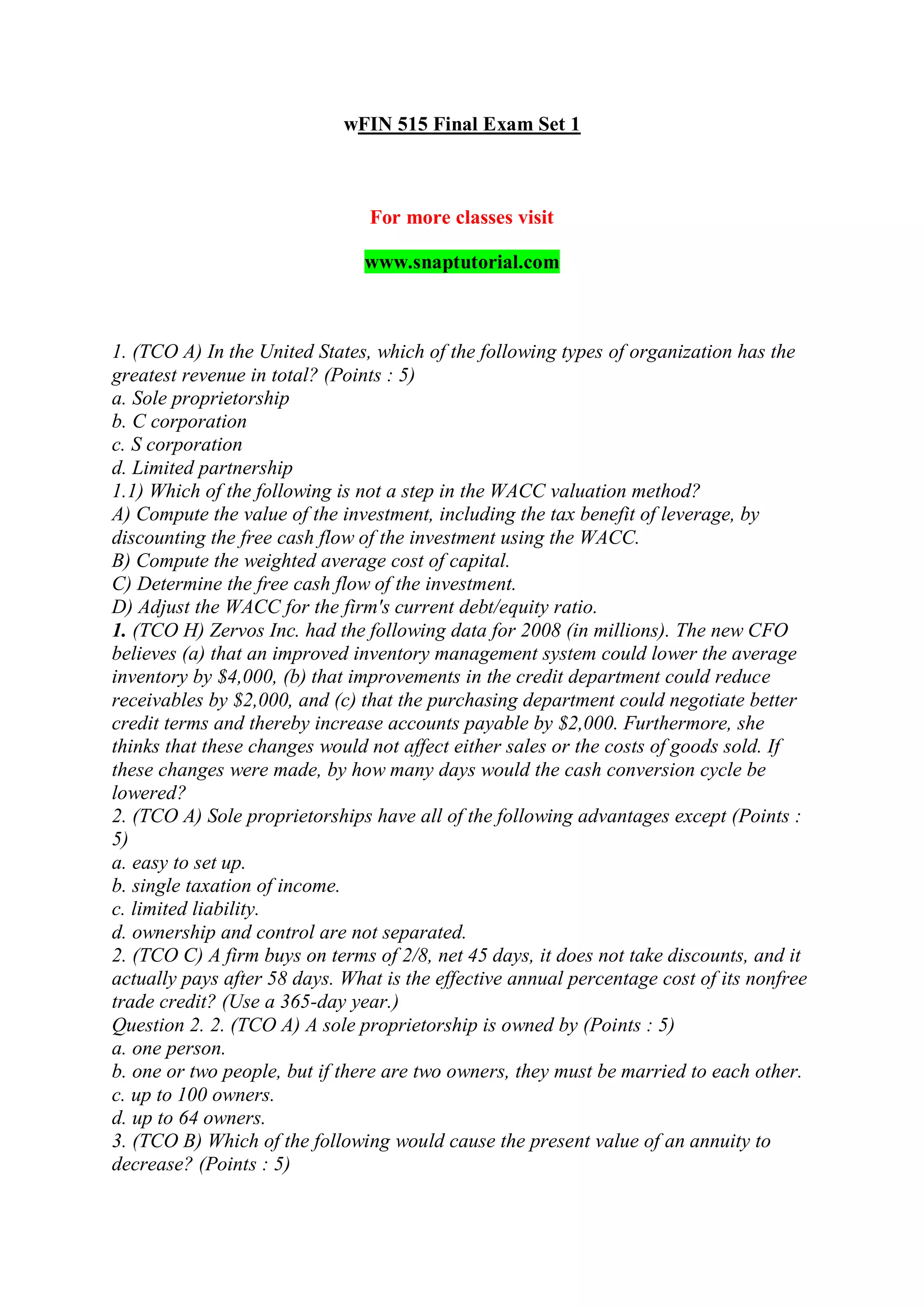 Fin 515 final exam set 1 | PDF