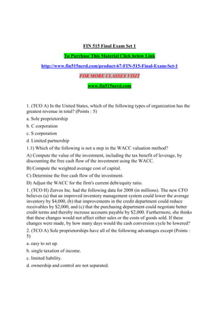 FIN 515 Final Exam Set 1 | PDF
