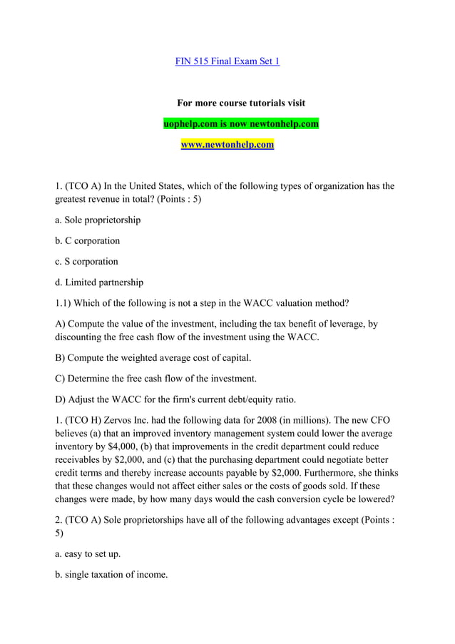 Fin 515 final exam set 1 | PDF