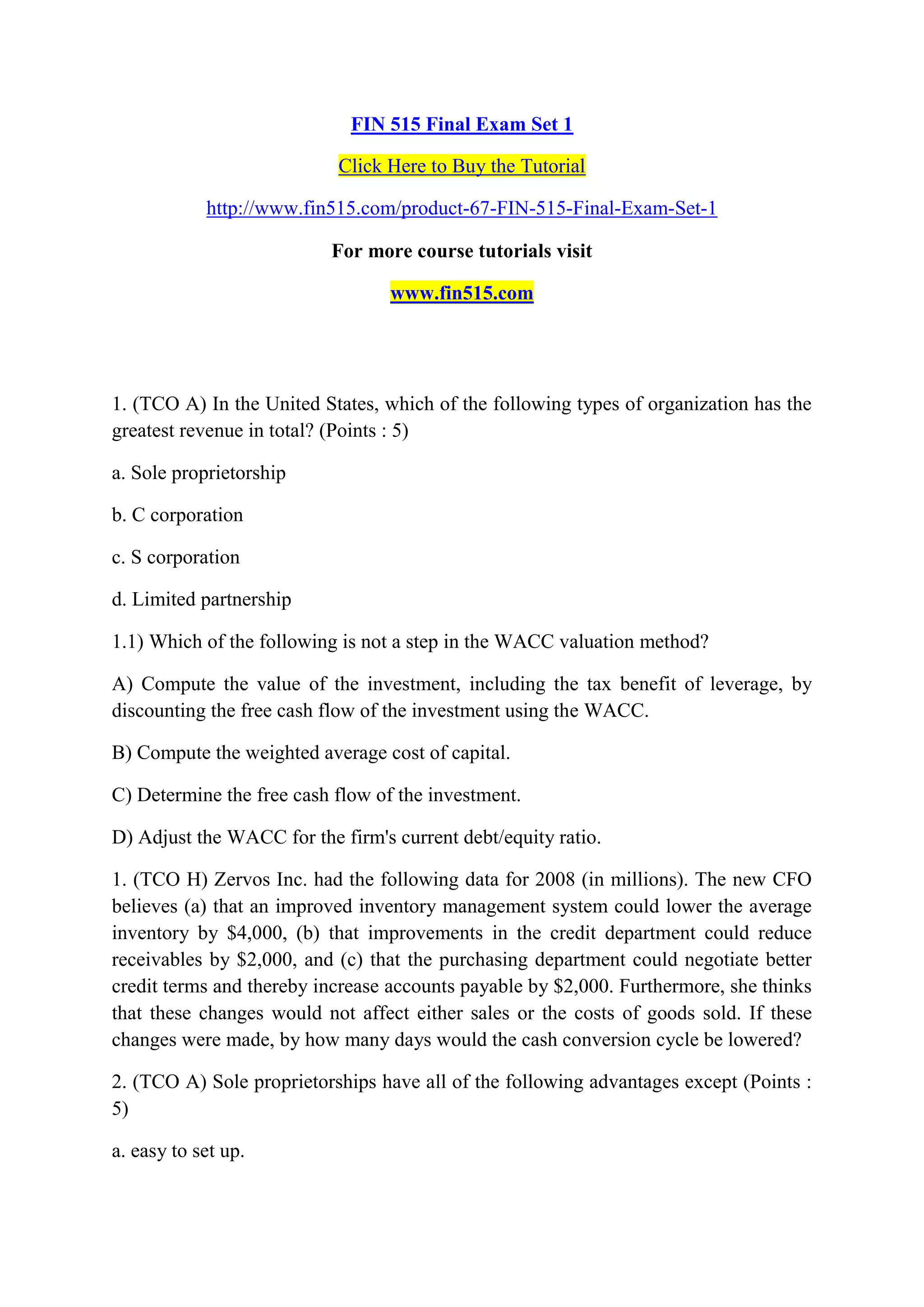 FIN 515 Final Exam Set 1C | PDF