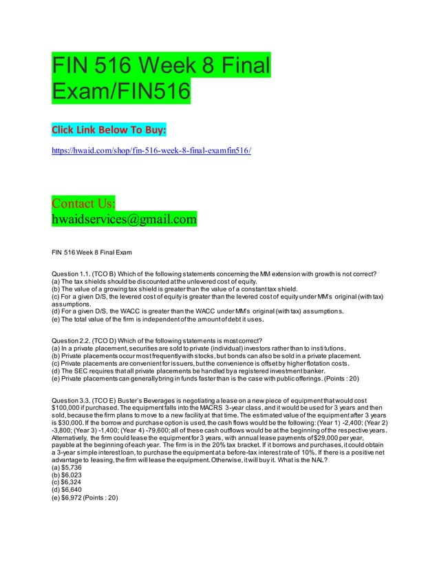 Fin 516 week 8 final exam fin516 | PDF