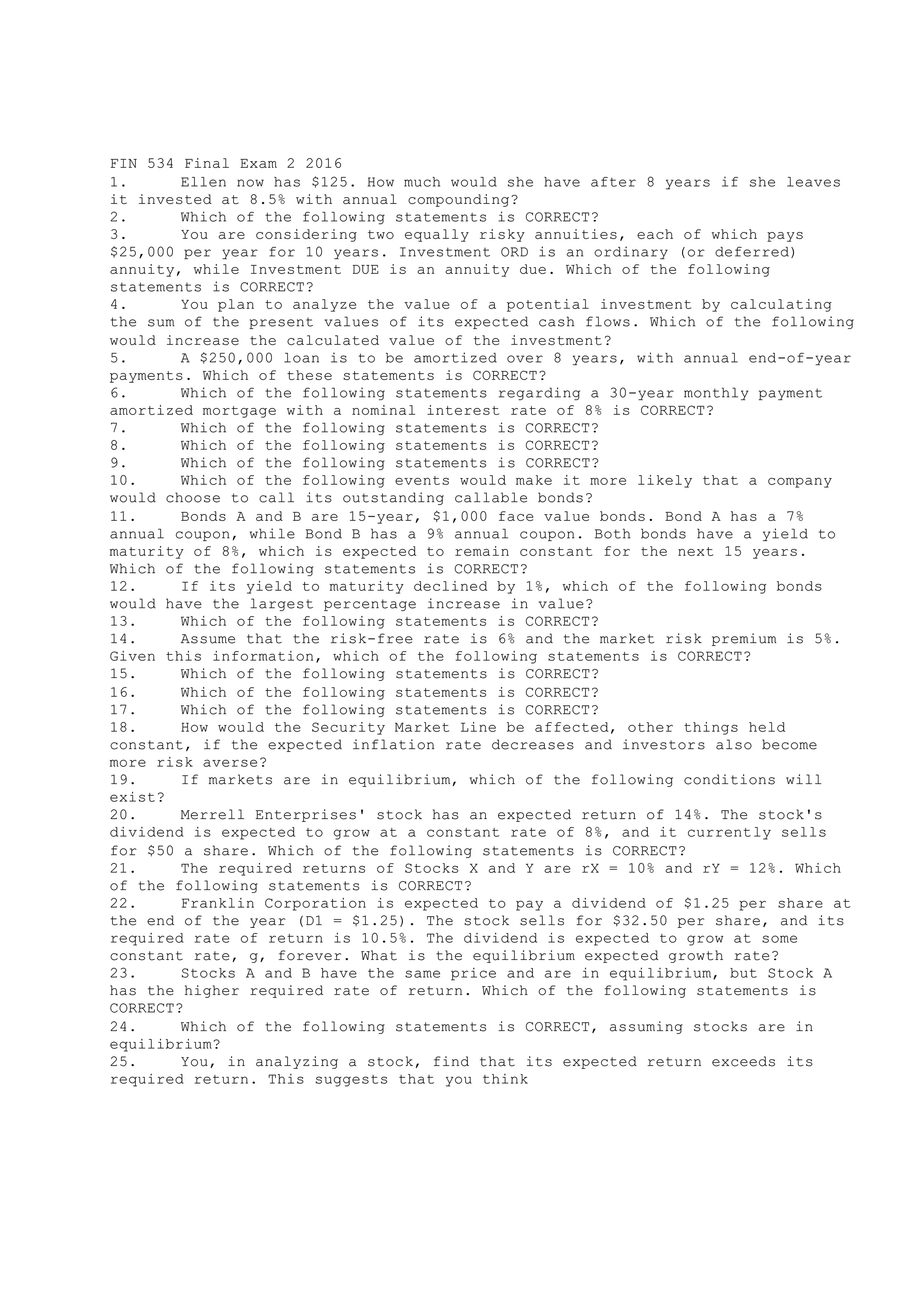 Fin 534 final exam 2 2016 | PDF