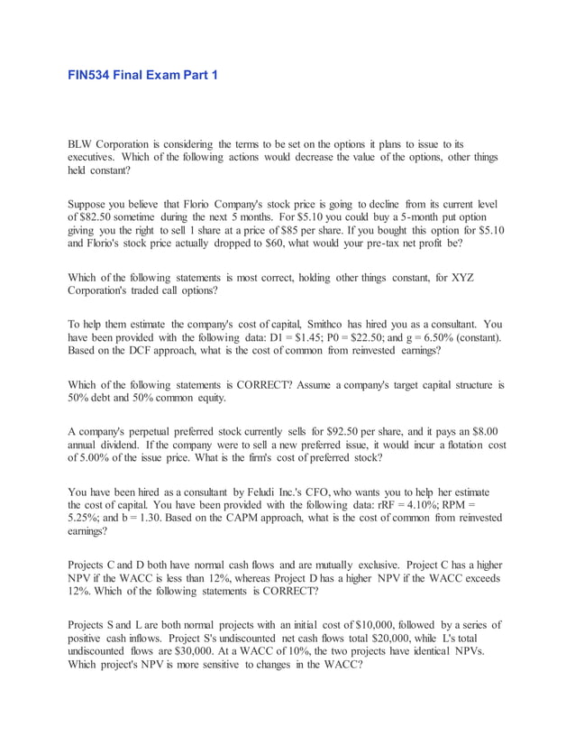 Fin534 final exam part 1 | PDF