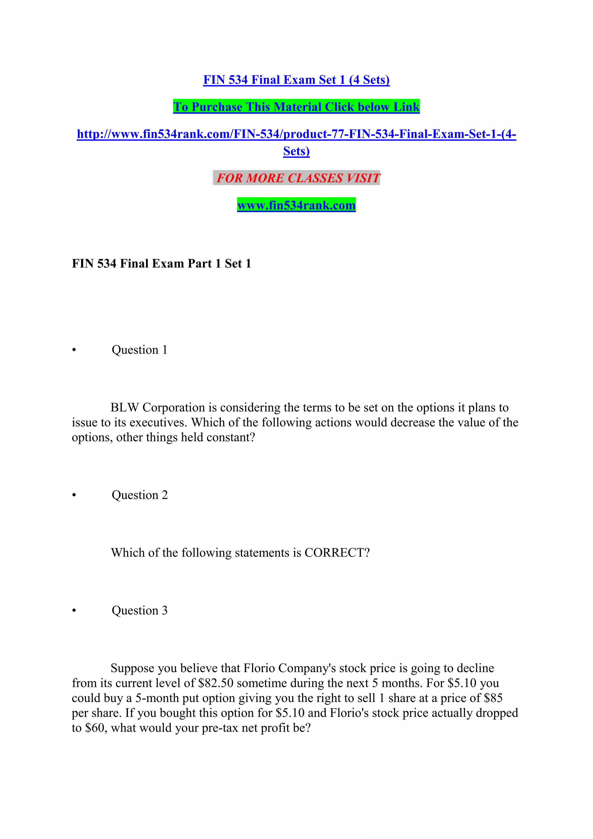 FIN 534 Final Exam Set 1 (4 Sets) | PDF