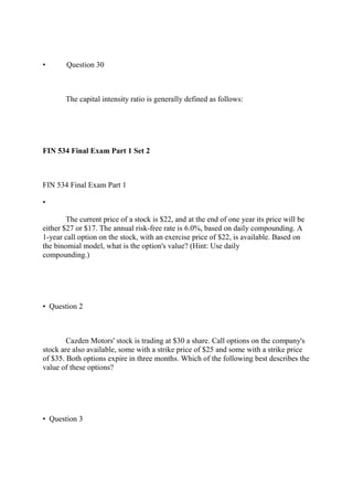 FIN 534 Final Exam Set 1 (4 Sets) | PDF