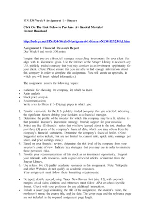 Fin 534 week 9 assignment 1 strayer | DOCX | Stocks and Bonds | Personal Investing