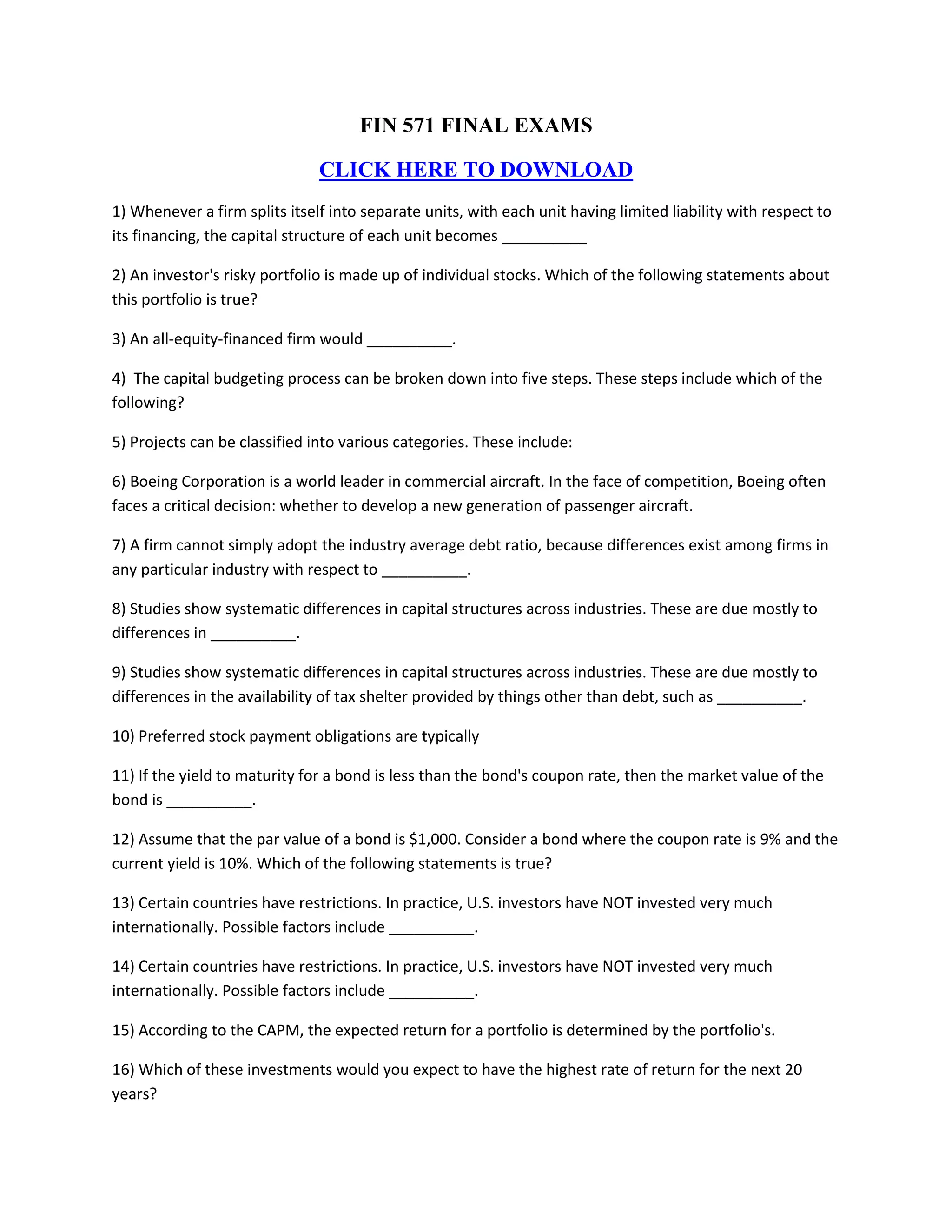 Fin 571 final exams | PDF | Free Download