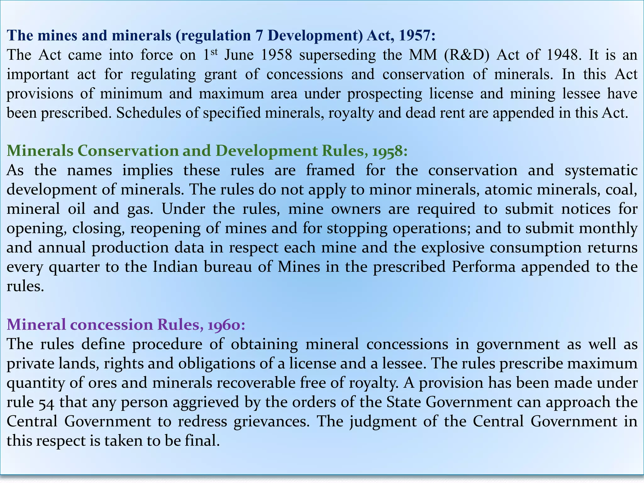mine laws in mineral excavation in india | PPTX