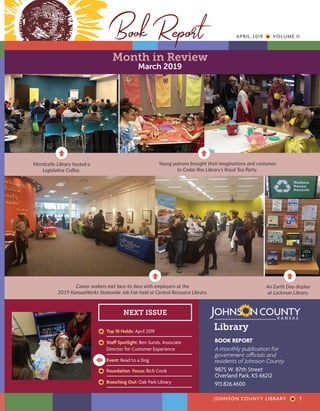 April 2019 Johnson County Library monthly newsletter, "Book Report" | PDF