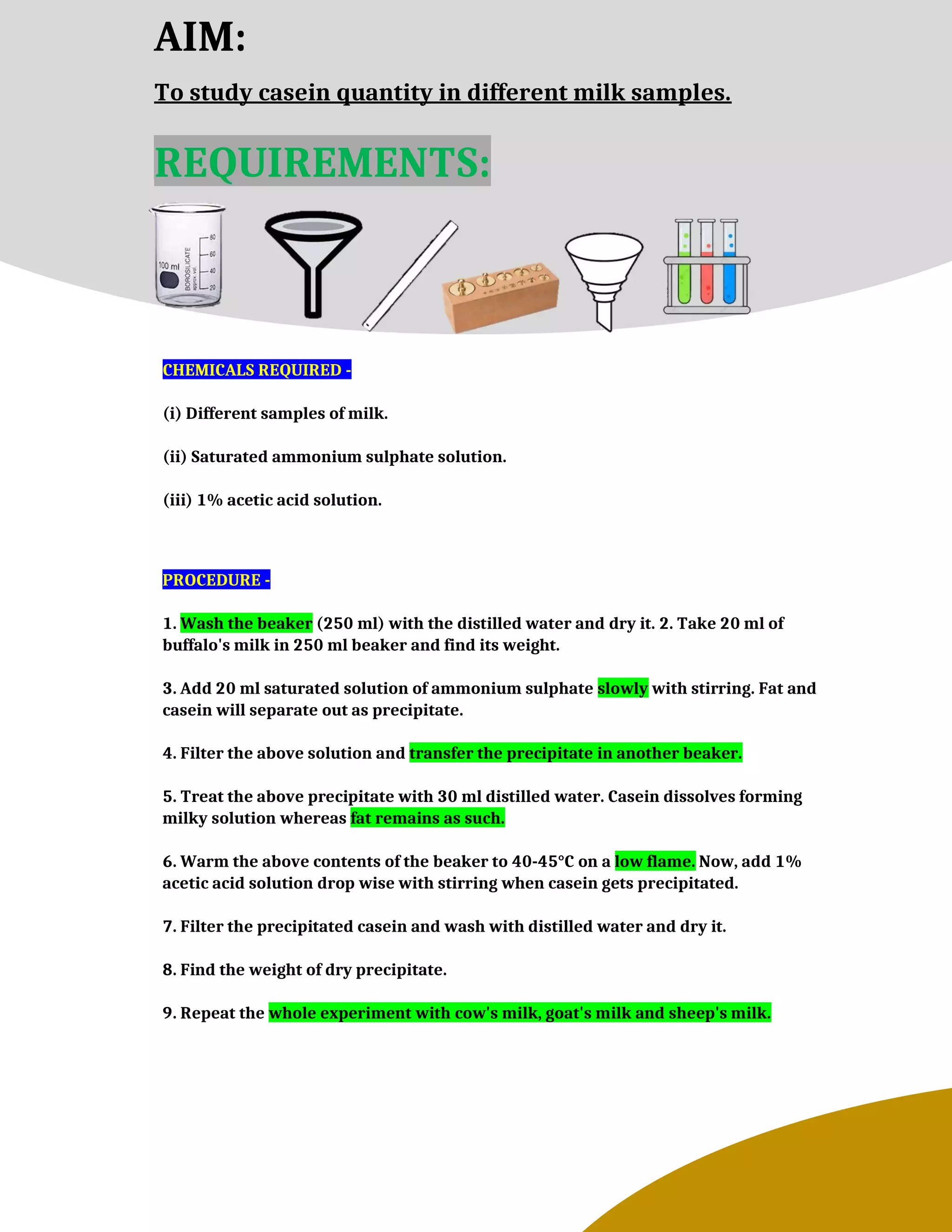 Project- CASEIN PRESENT IN DIFFERENT SAMPLES OF MILK | PDF