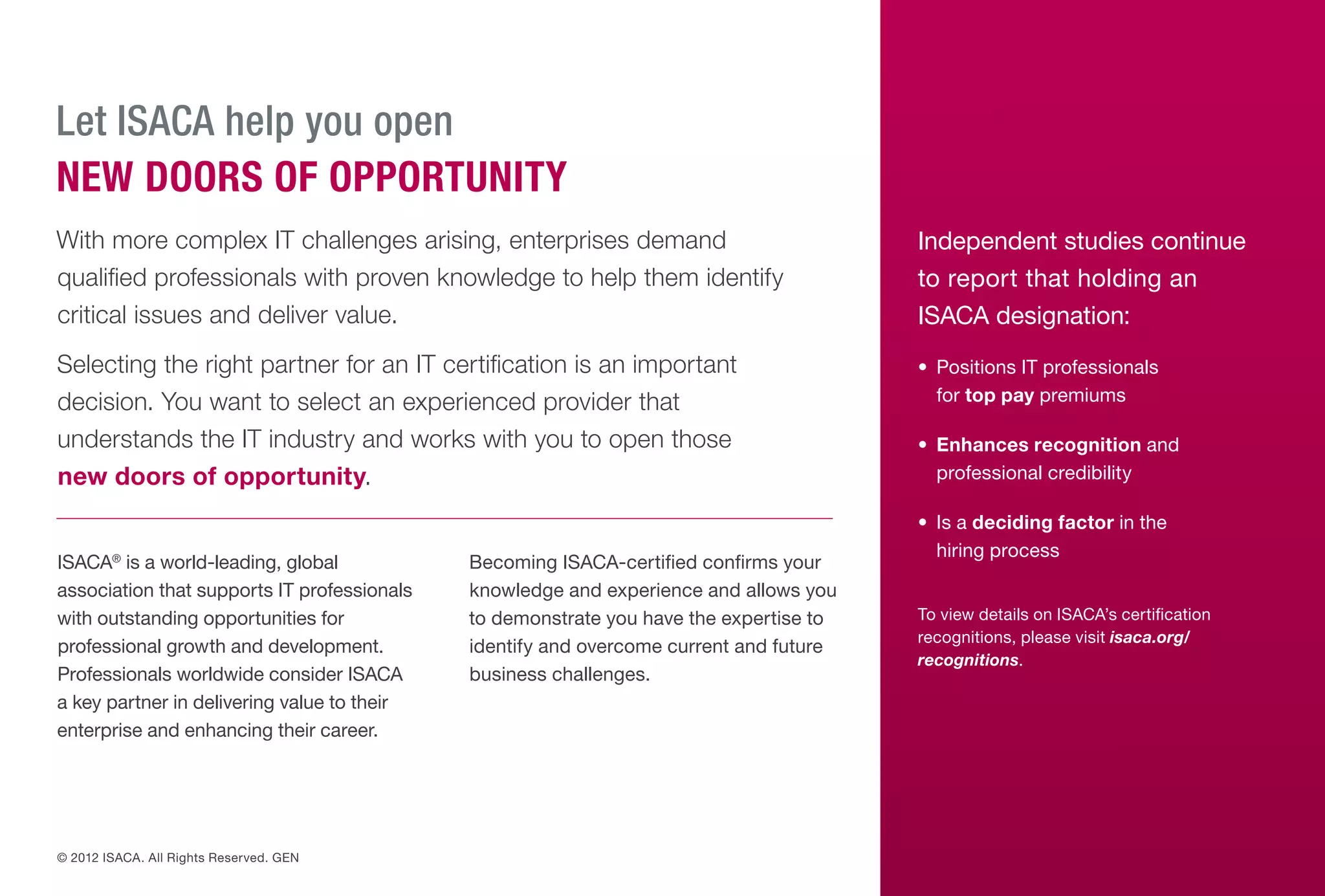 ISACA Certification Brochure General | PDF | Business | Business and ...