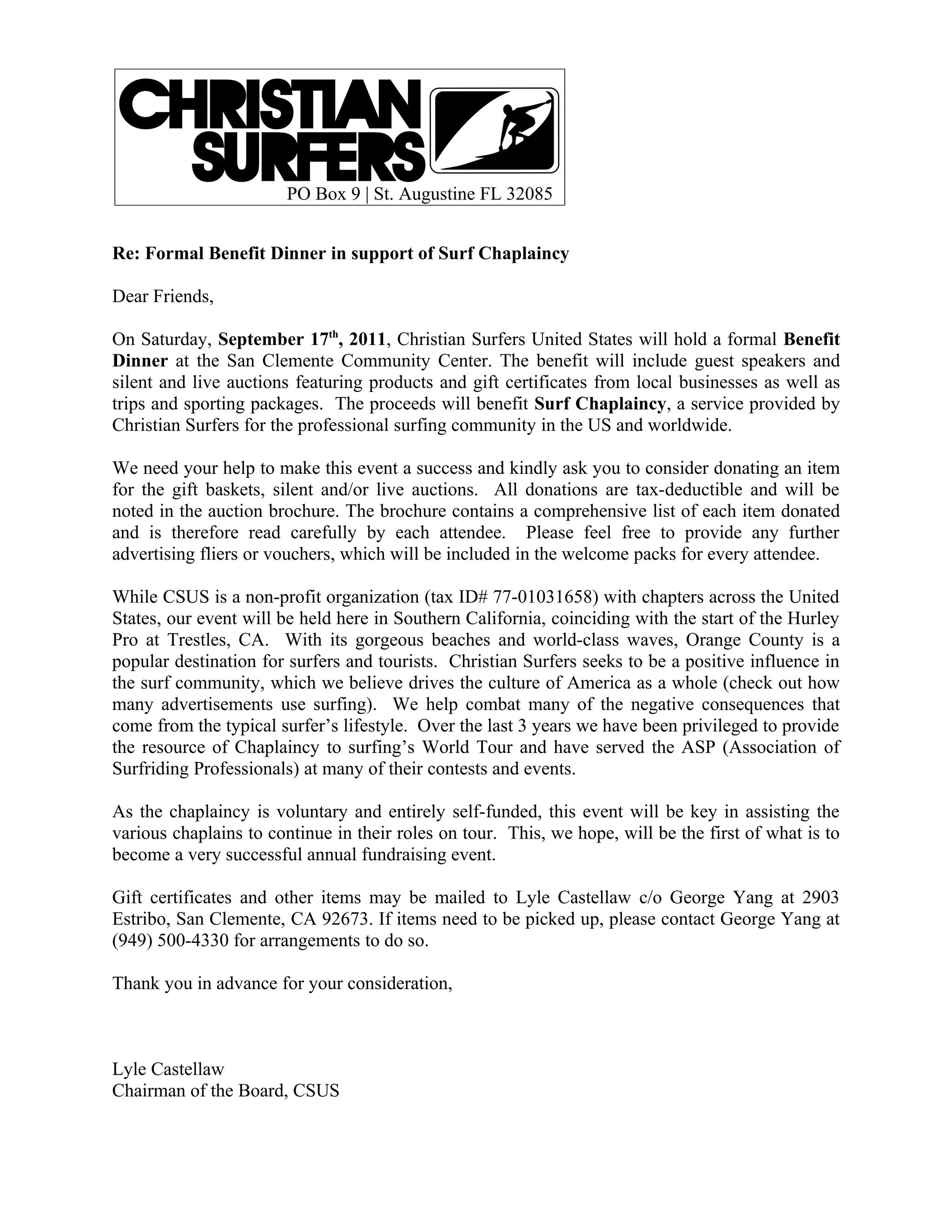 Surf Chaplaincy benefit donation request letter | DOC
