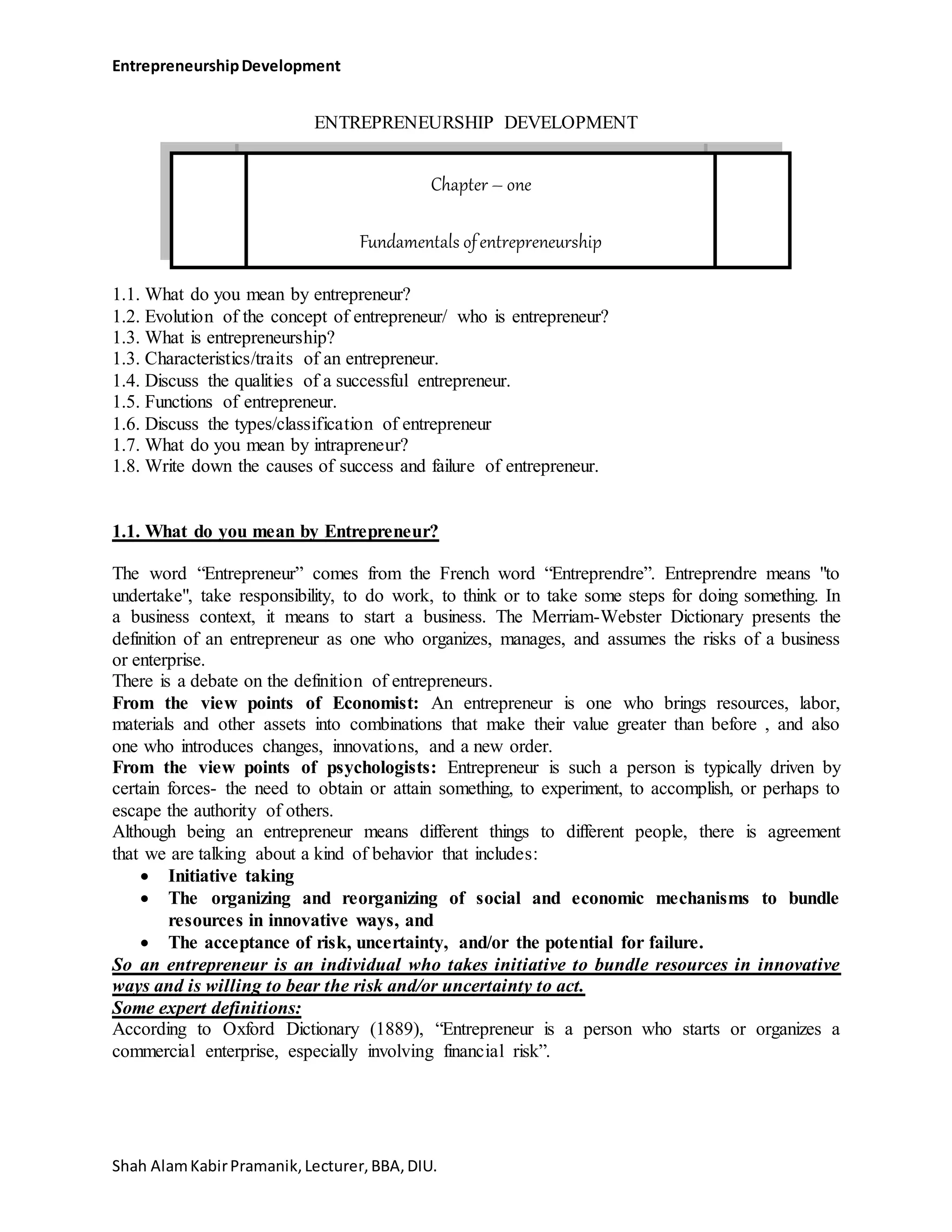 Final chapter one- fundamentals of entrepreneurship development | DOCX