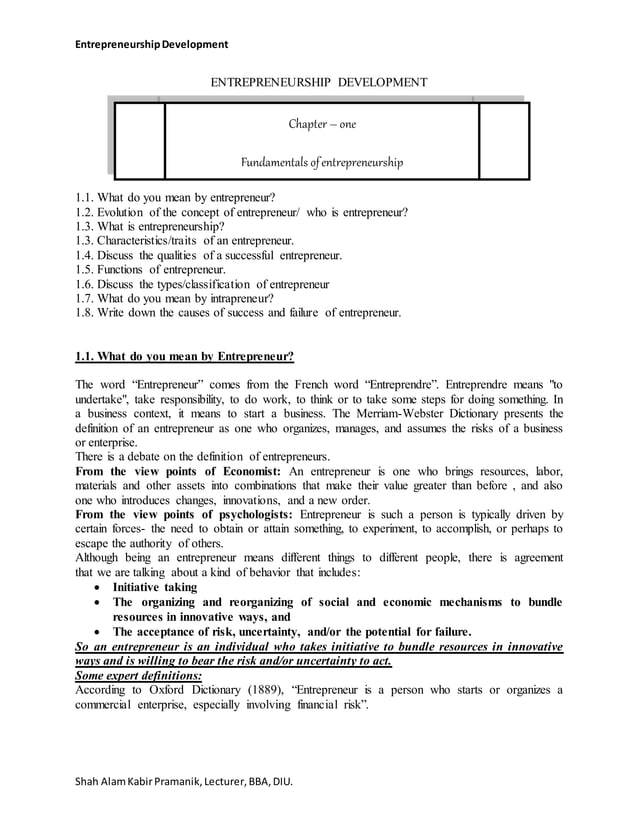 Final chapter one- fundamentals of entrepreneurship development | DOCX | Startups | Business