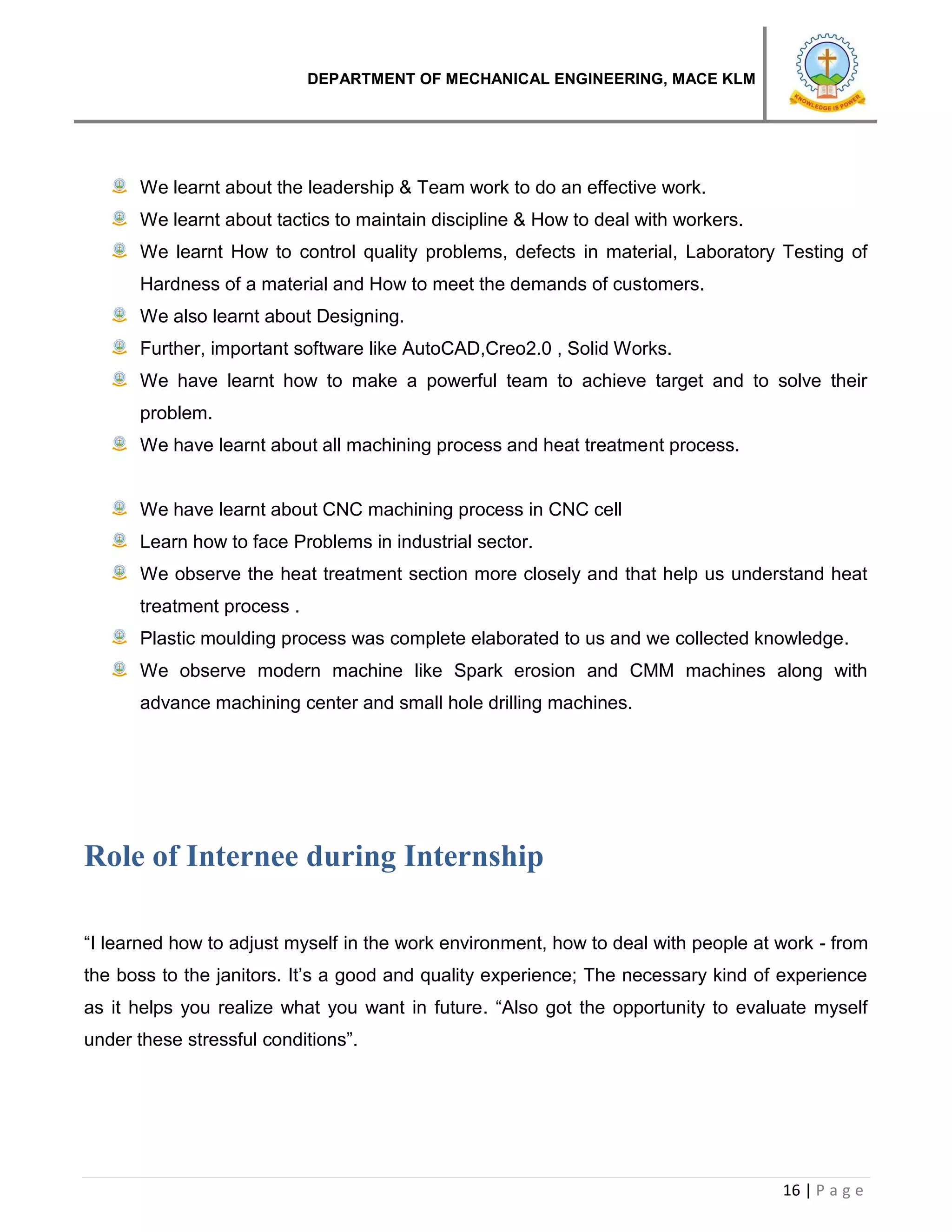 SUMMER INTERNSHIP REPORT 2016 (MECHANICAL ENGINEERING) | PDF