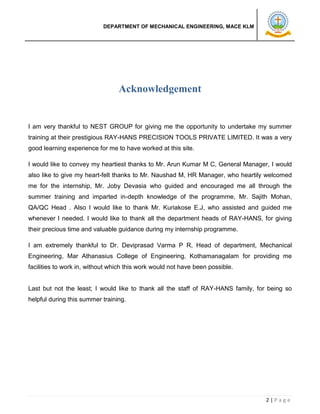 SUMMER INTERNSHIP REPORT 2016 (MECHANICAL ENGINEERING) | PDF