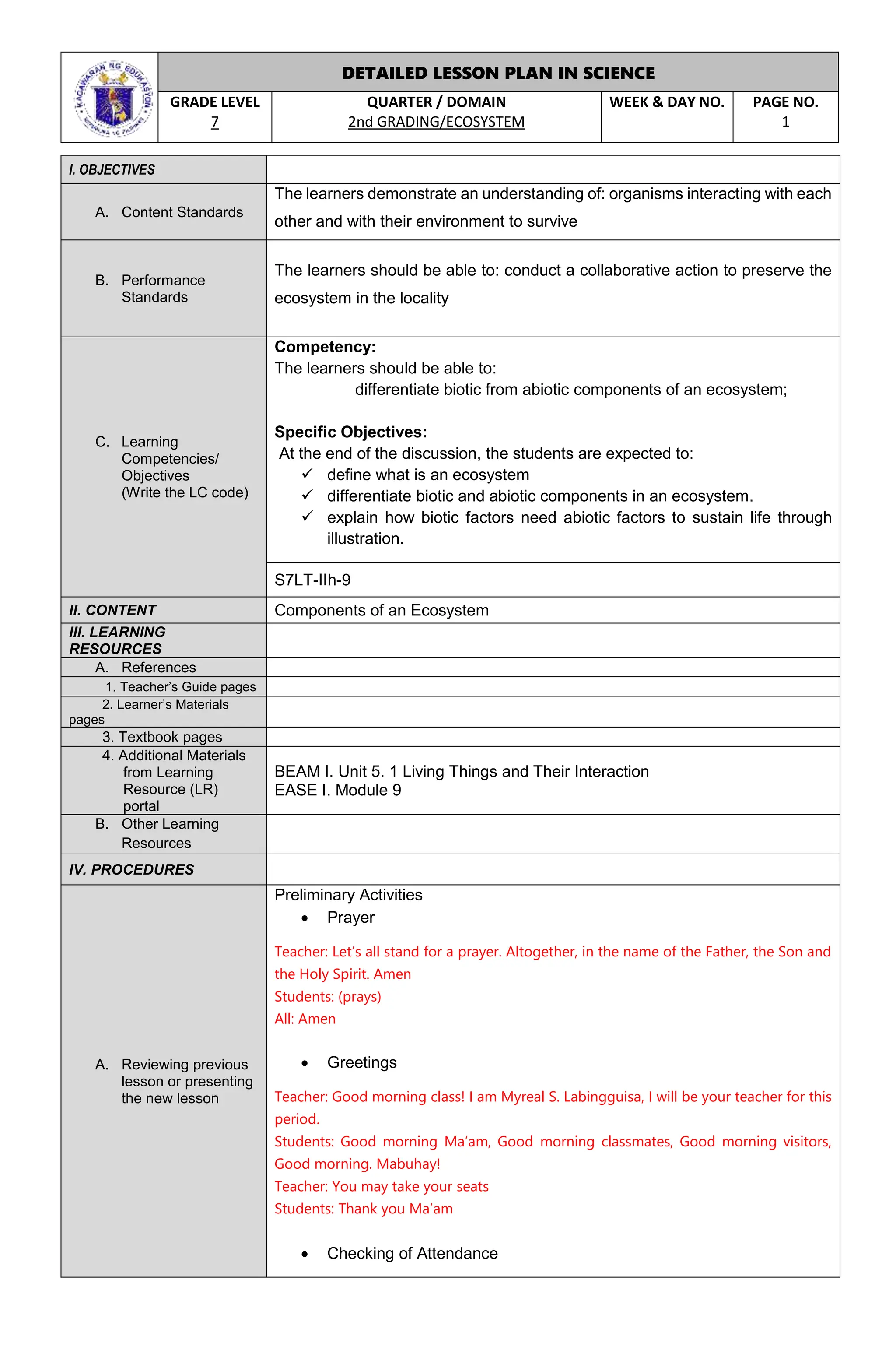 LESSON PLAN SCIENCE 7 ECOSYSTEM BIOTOC AND ABIOTIC FACTORS | DOCX