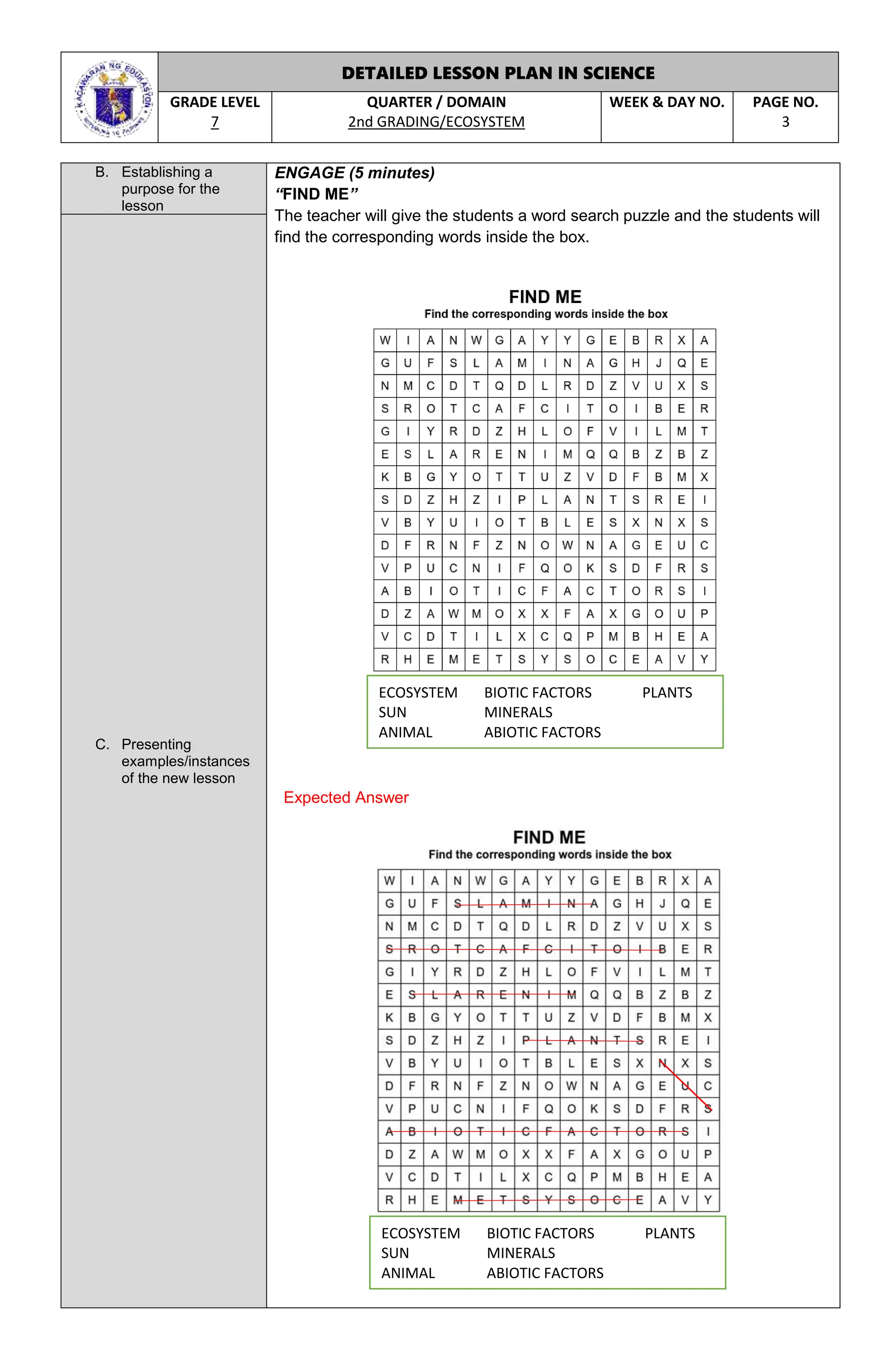 LESSON PLAN SCIENCE 7 ECOSYSTEM BIOTOC AND ABIOTIC FACTORS | DOCX ...