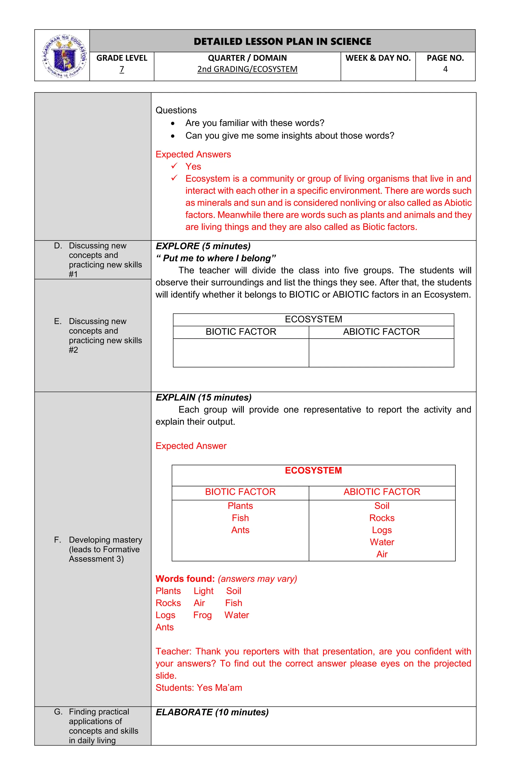 LESSON PLAN SCIENCE 7 ECOSYSTEM BIOTOC AND ABIOTIC FACTORS | DOCX