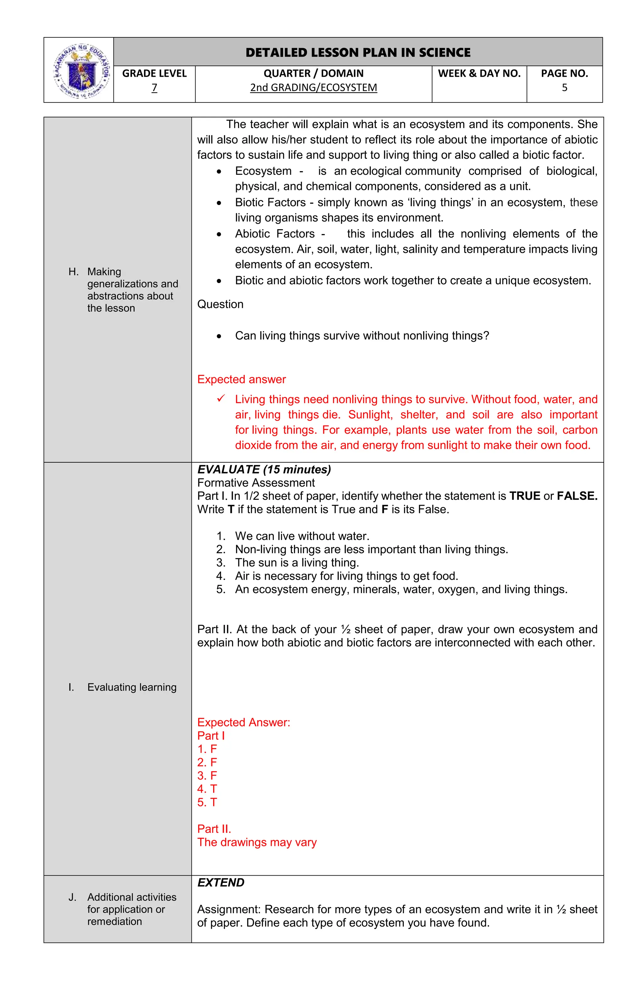 LESSON PLAN SCIENCE 7 ECOSYSTEM BIOTOC AND ABIOTIC FACTORS | DOCX