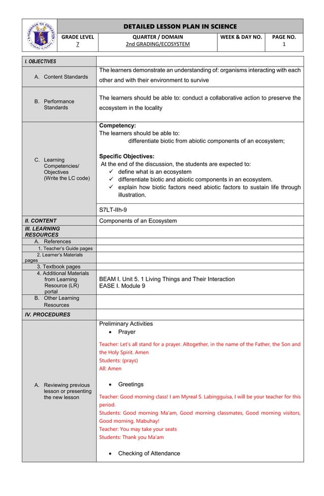 LESSON PLAN SCIENCE 7 ECOSYSTEM BIOTOC AND ABIOTIC FACTORS | DOCX | Environment | Science