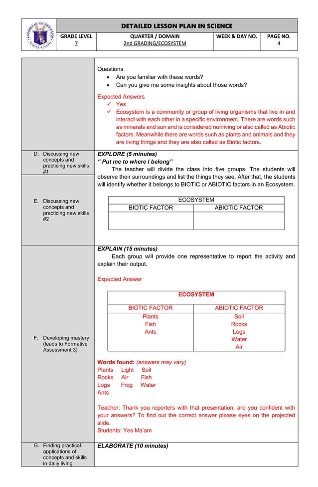 LESSON PLAN SCIENCE 7 ECOSYSTEM BIOTOC AND ABIOTIC FACTORS | DOCX | Environment | Science
